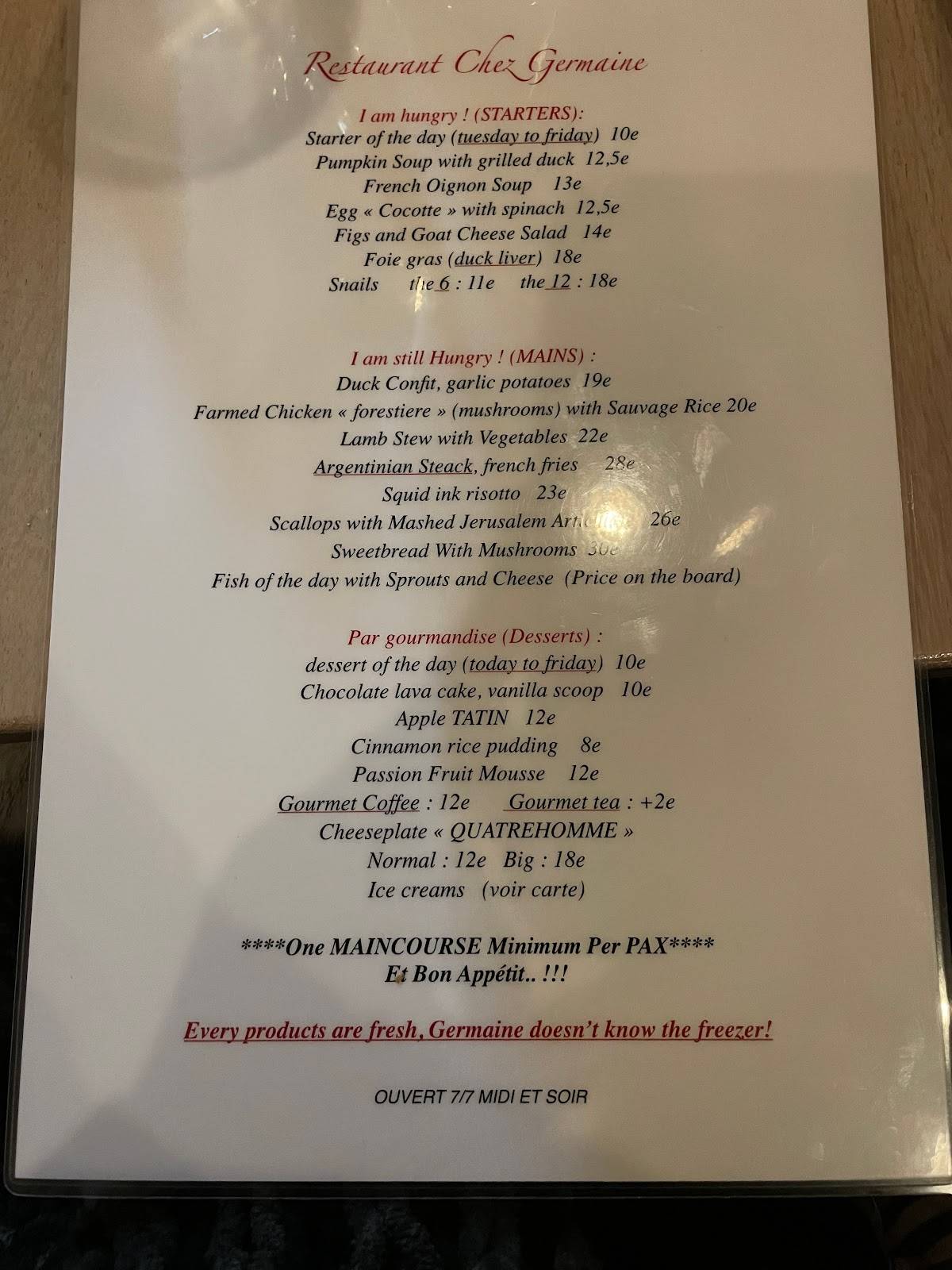 Menu au Chez Germaine restaurant, Paris
