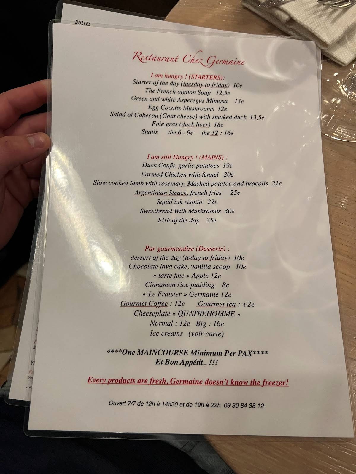 Menu au Chez Germaine restaurant, Paris