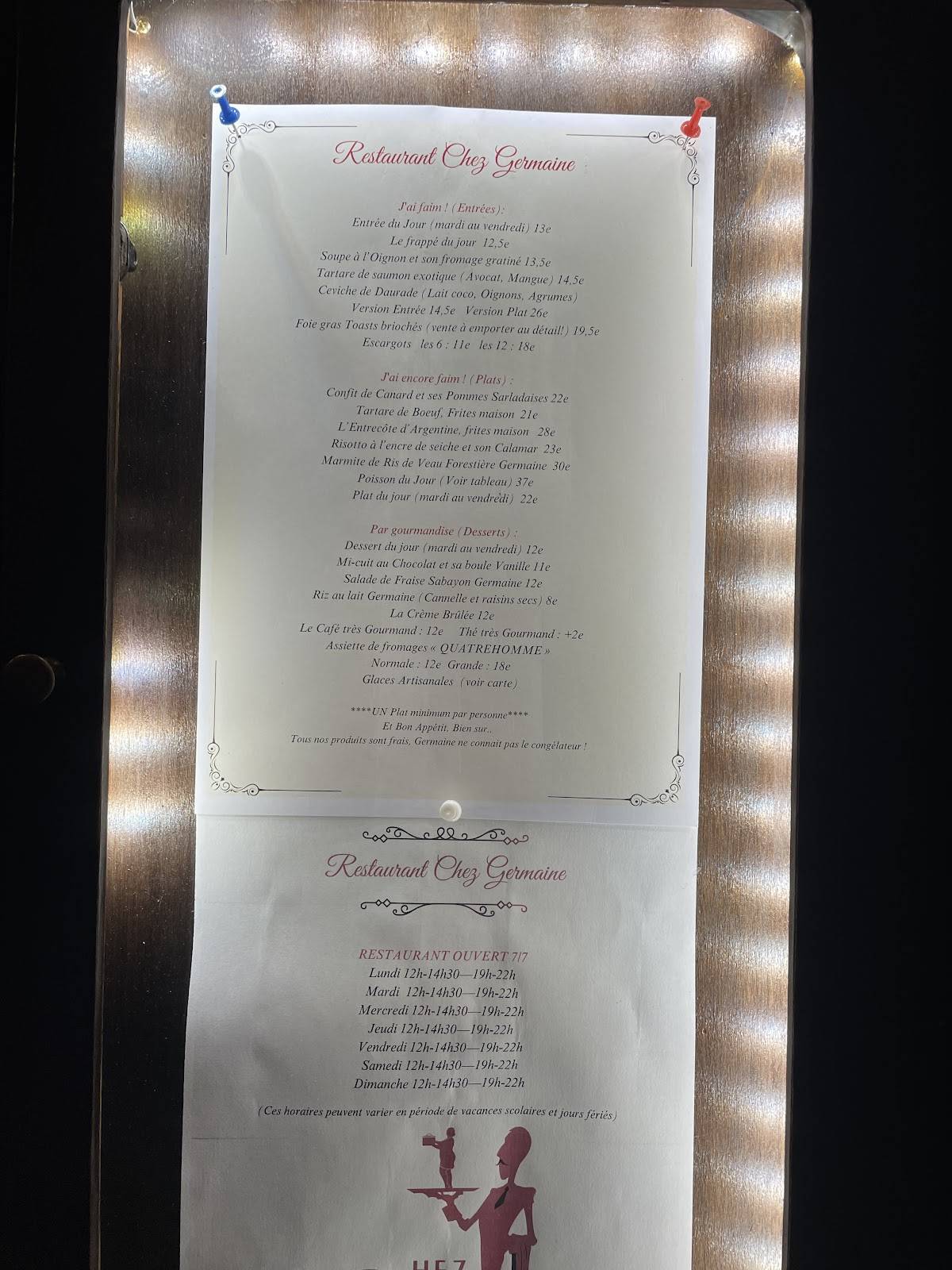 Menu au Chez Germaine restaurant, Paris