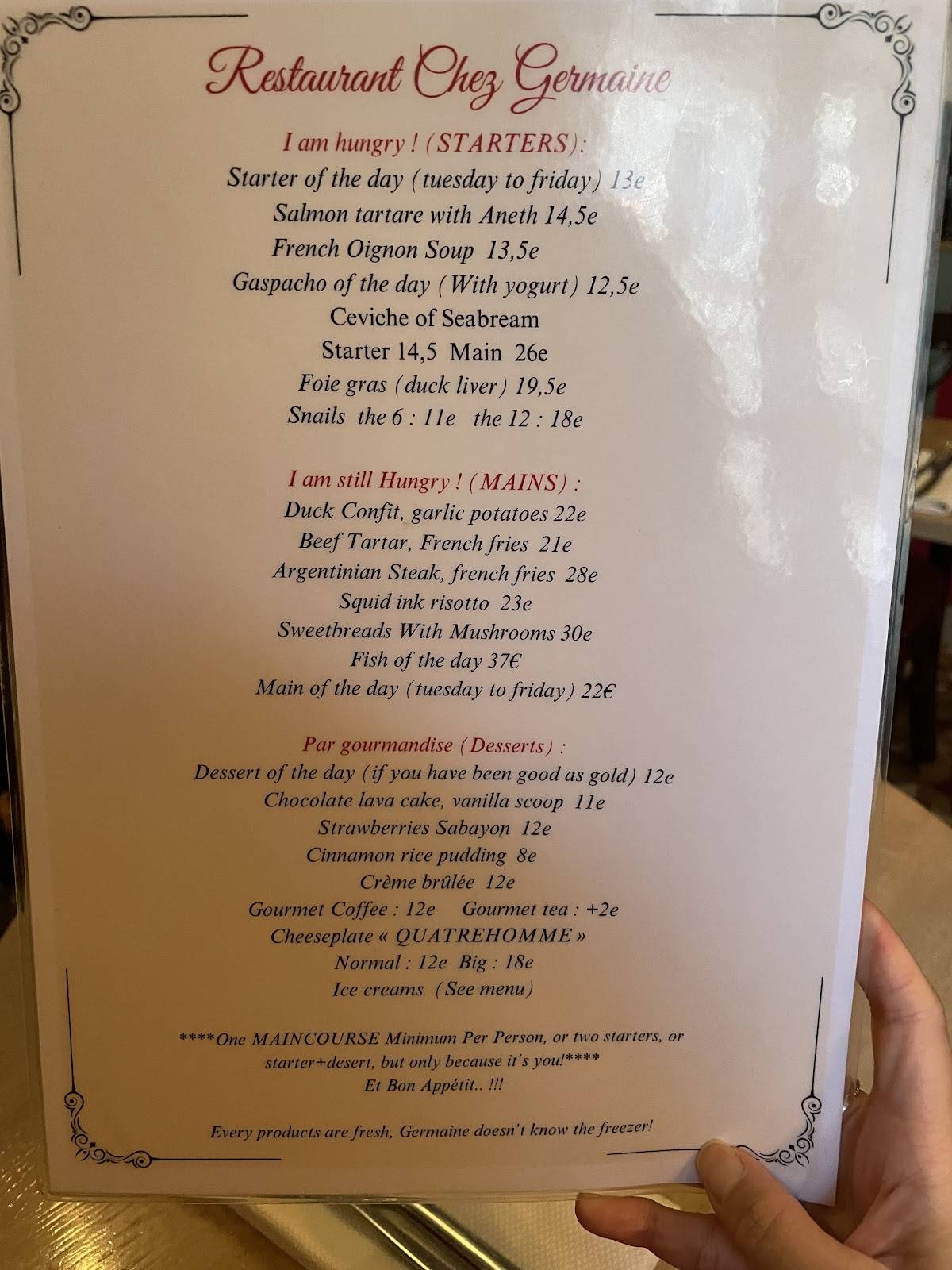 Menu au Chez Germaine restaurant, Paris