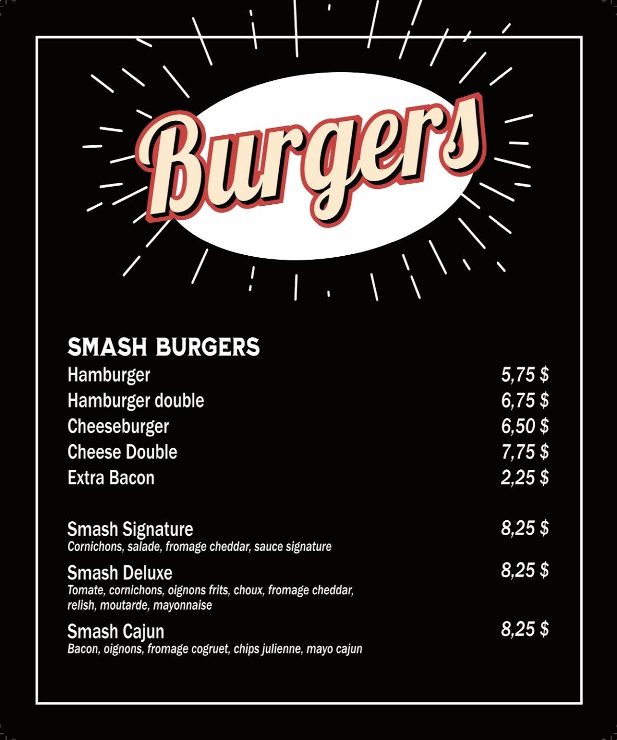 Menu au Chez Hugo Burger Shop pub et bar, Saint-Jérôme