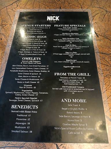 Menu at Chez Nick restaurant, Westmount, Ave Greene