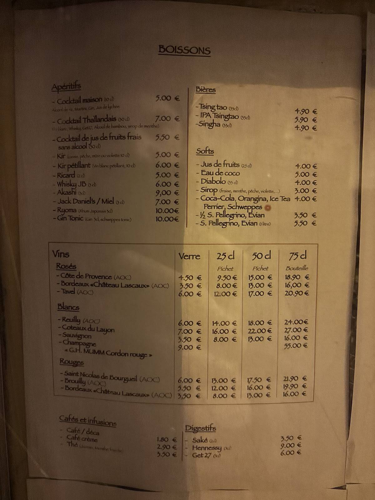 Menu au Chez Tang restaurant, Saran, Route Nationale 20