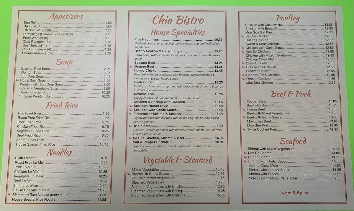 Menu at Chia Bistro restaurant, Huntersville