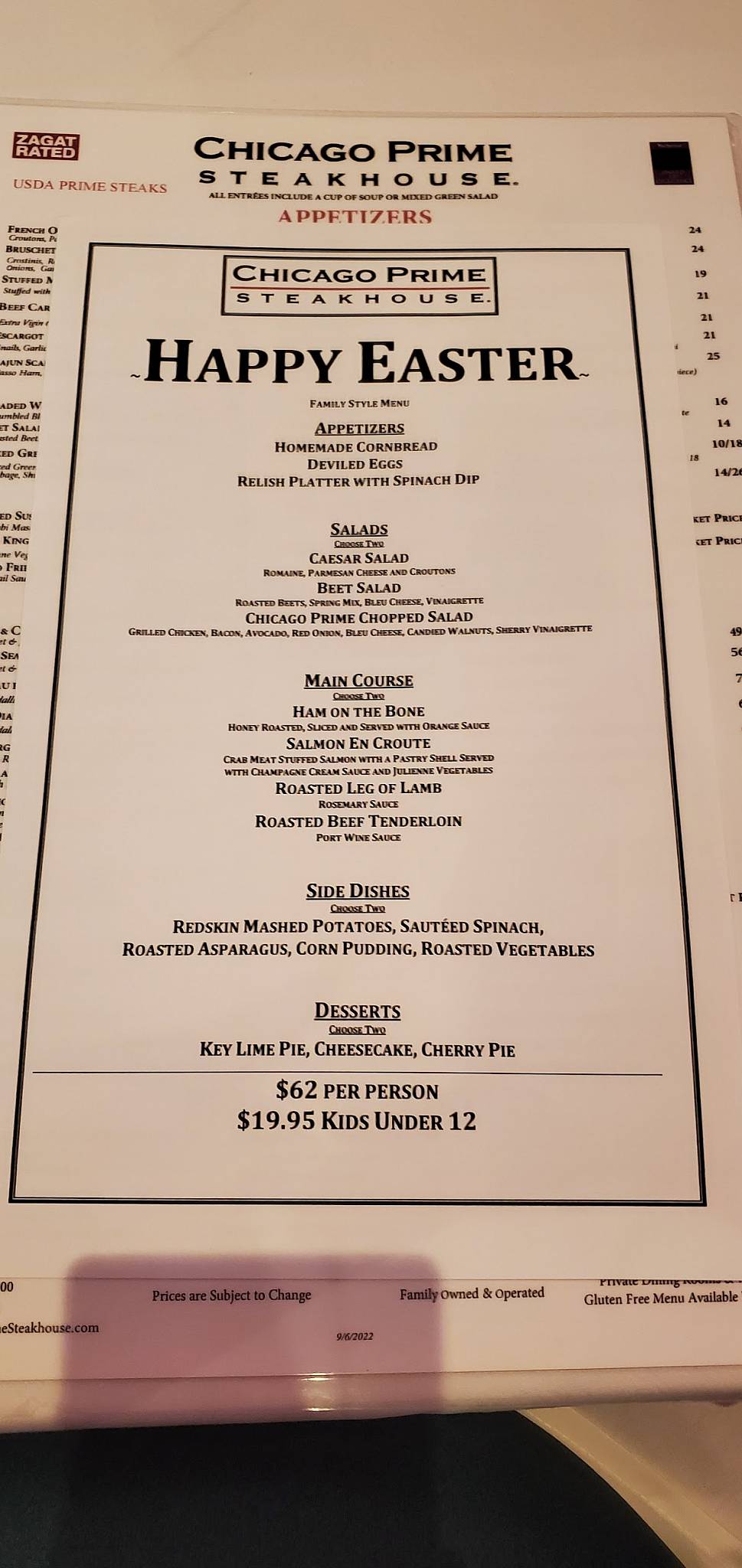 Menu at Chicago Prime Steakhouse, Schaumburg