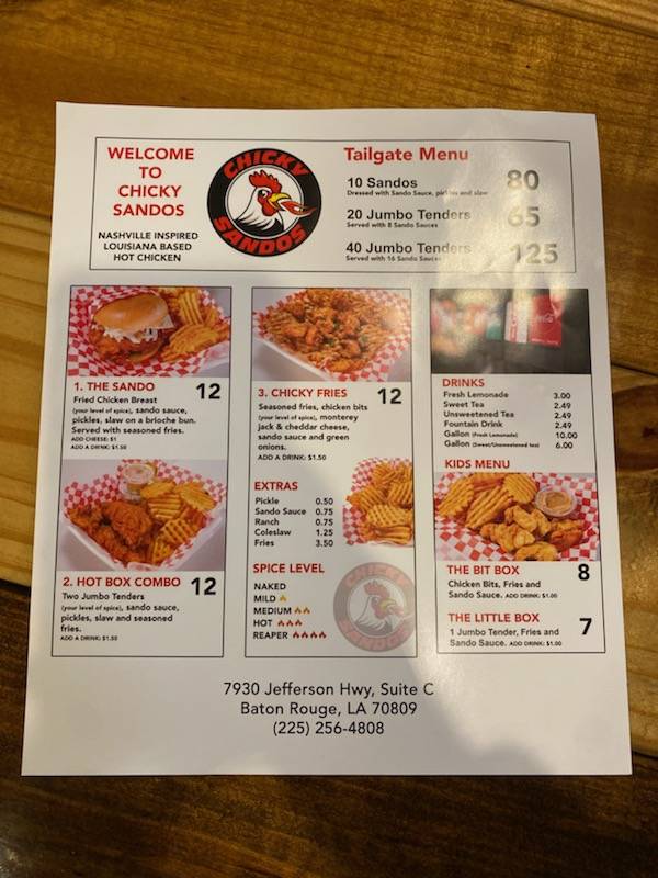 Menu at Chicky Sandos restaurant, Baton Rouge, Jefferson Hwy