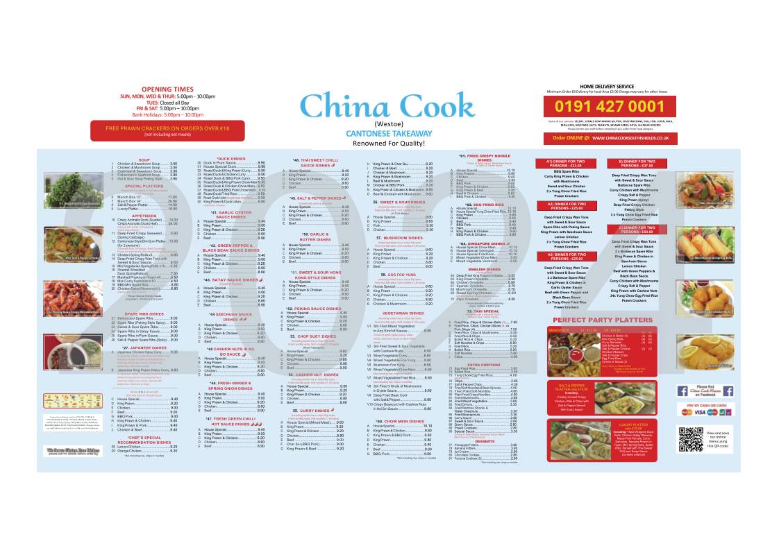 Menu at China Cook Westoe restaurant, South Shields, 114 Westoe Rd