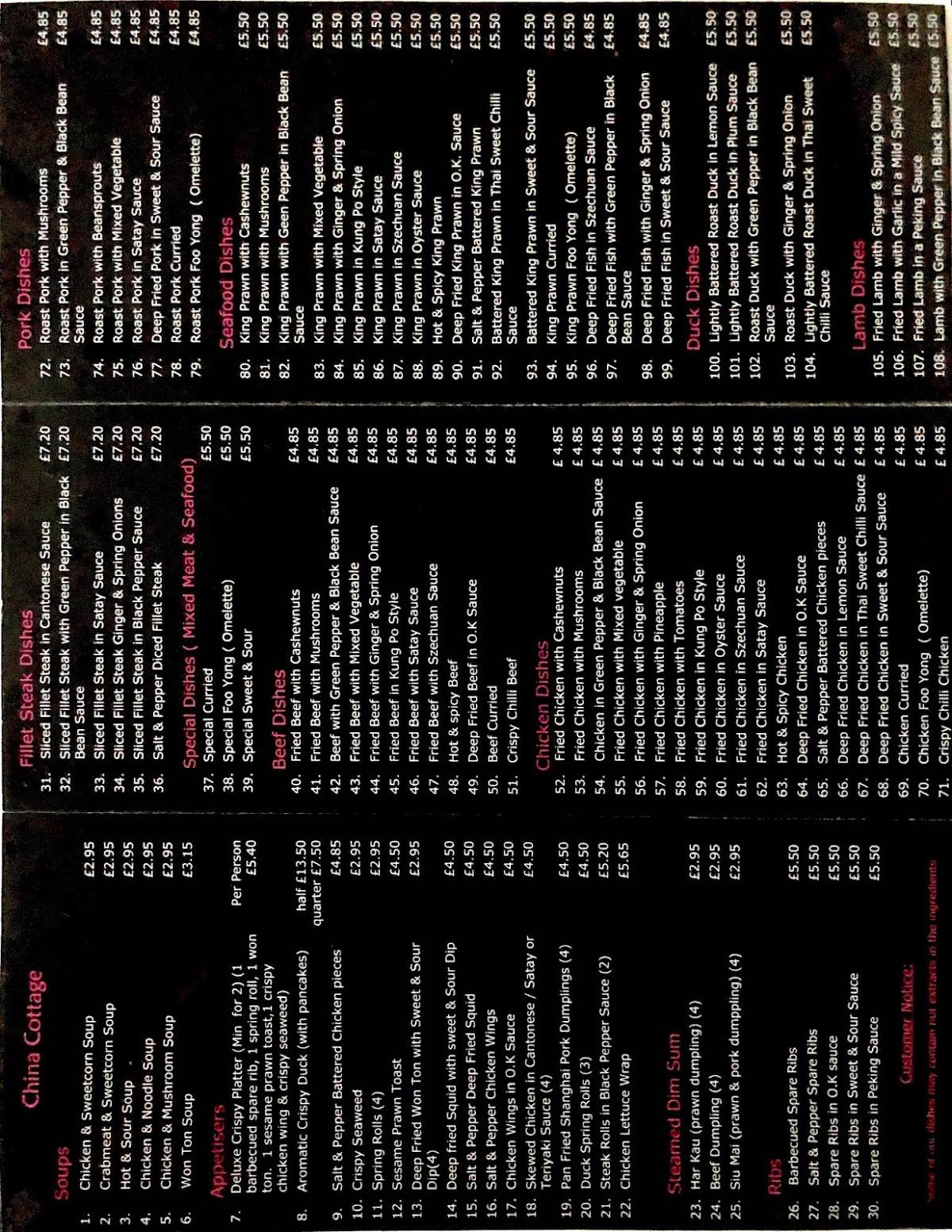 Menu at New China Cottage restaurant, Bury