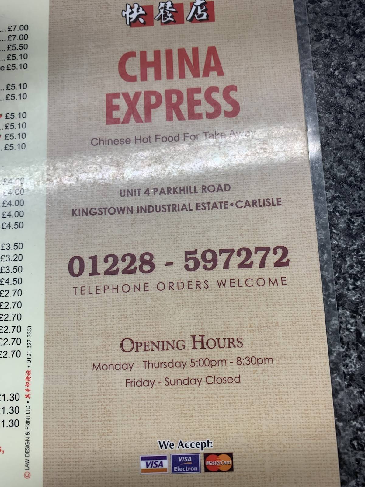 Menu at China Express fast food, Carlisle, 4 Parkhill Rd