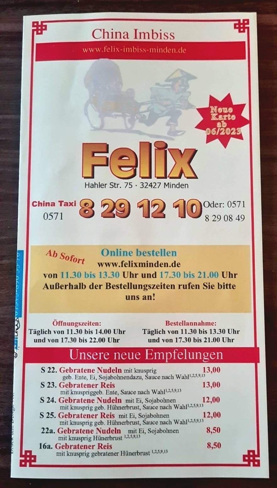 Speisekarte von China-Imbiss Felix restaurant, Minden