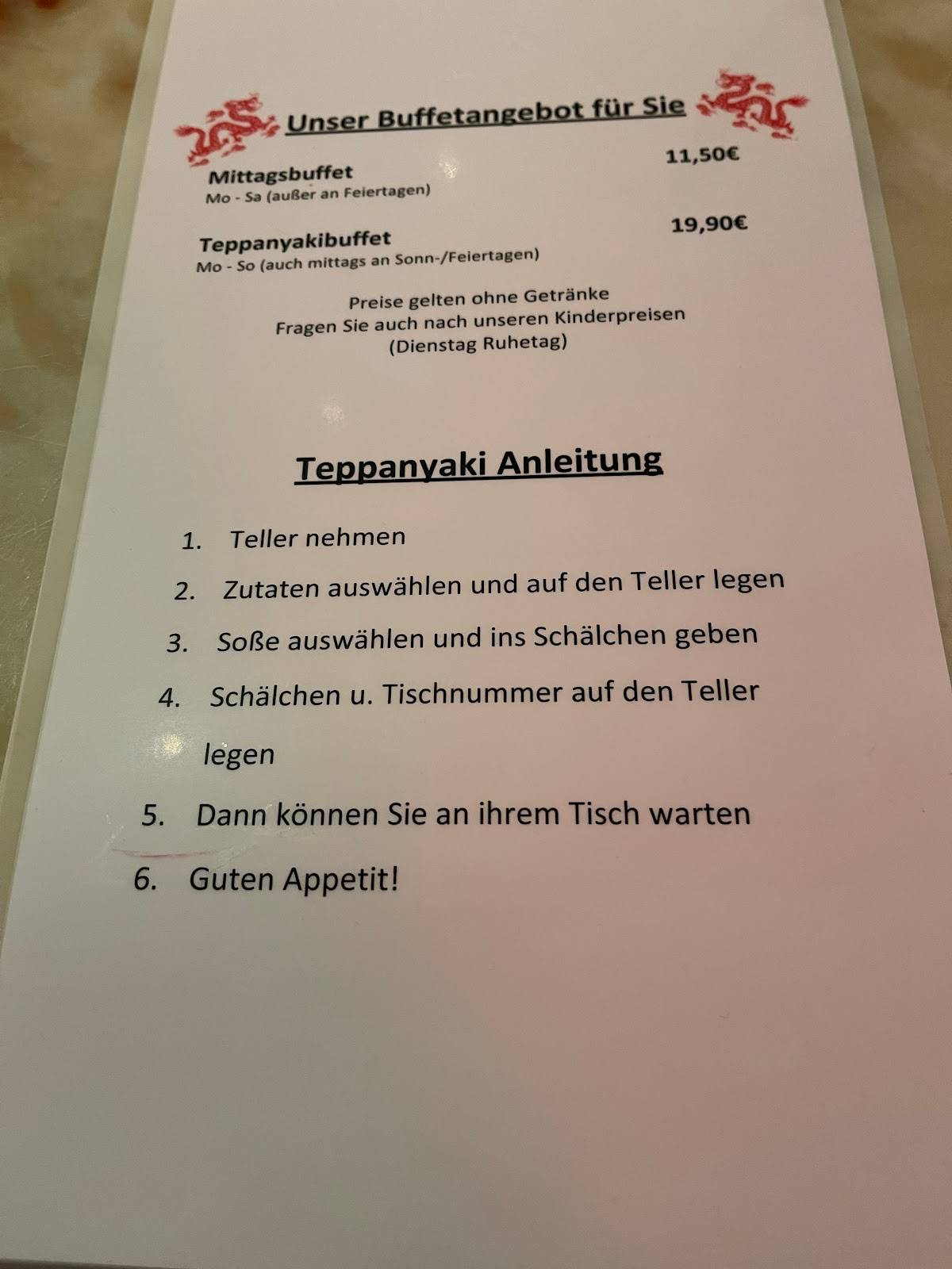 Speisekarte von China Restaurant Long, Dörfles-Esbach