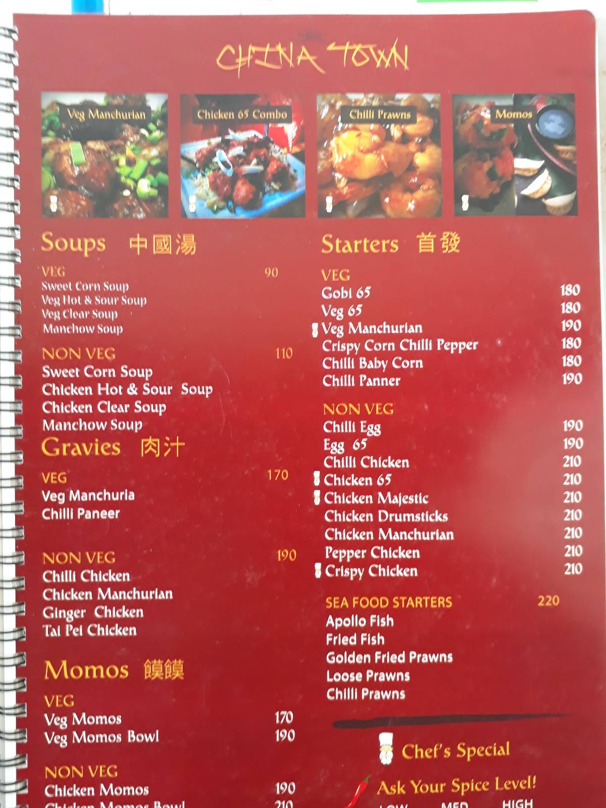 Menu at China Town, Hyderabad