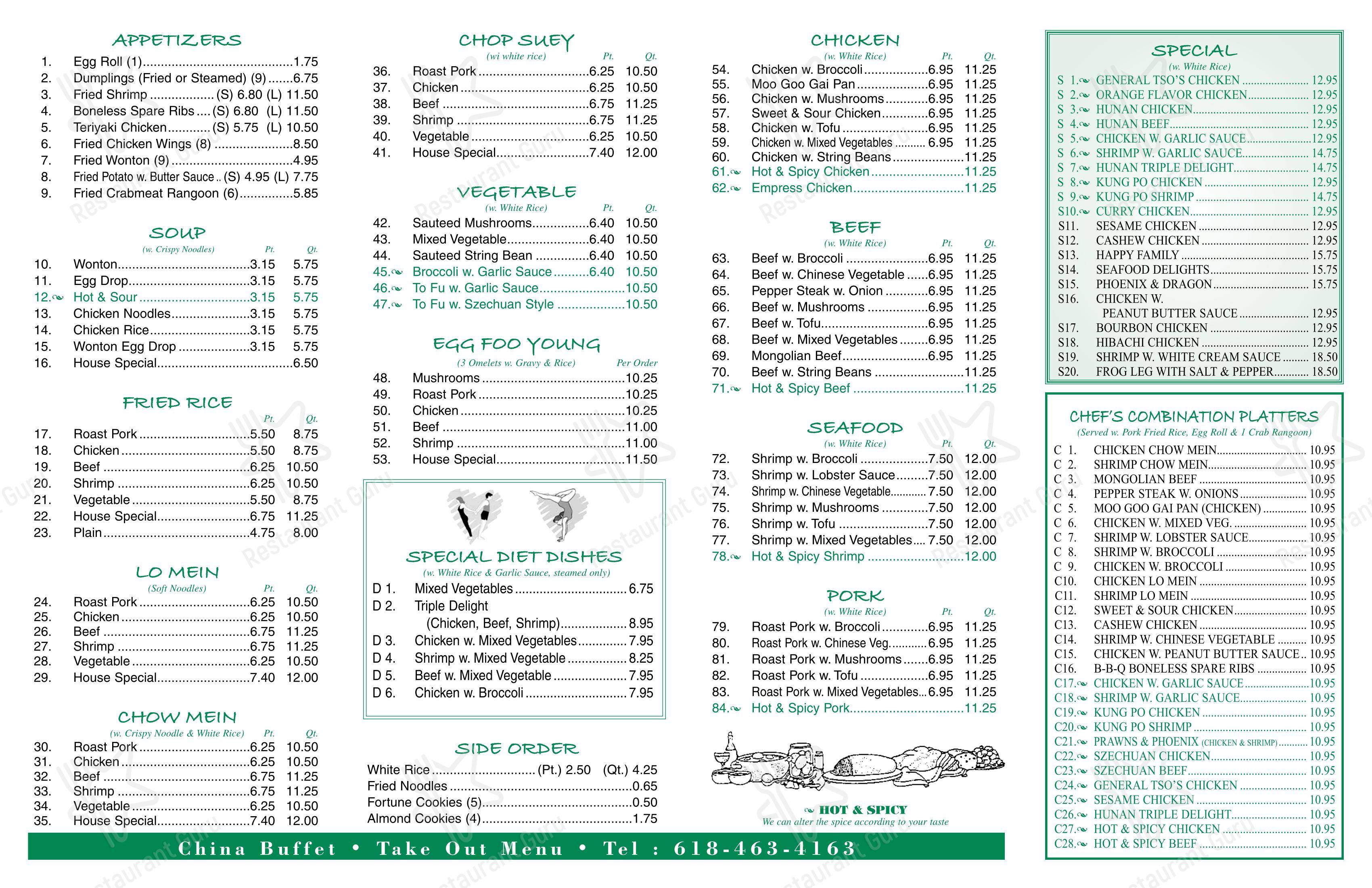 Menu at Chinese Buffet restaurant, Alton