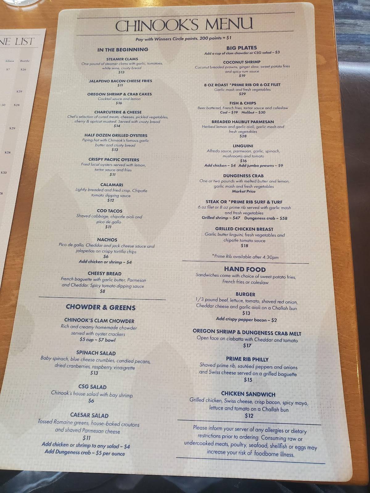 Menu at Chinook's Seafood Grill restaurant, Lincoln City