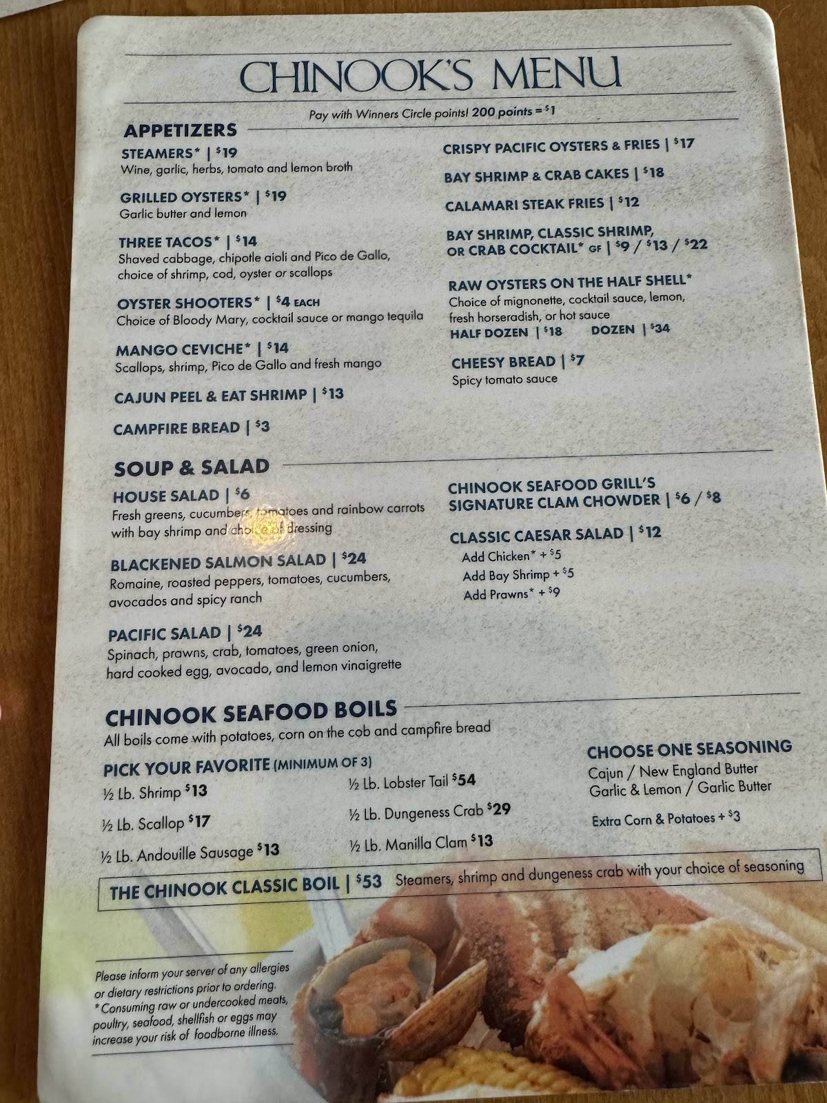 Menu at Chinook's Seafood Grill restaurant, Lincoln City