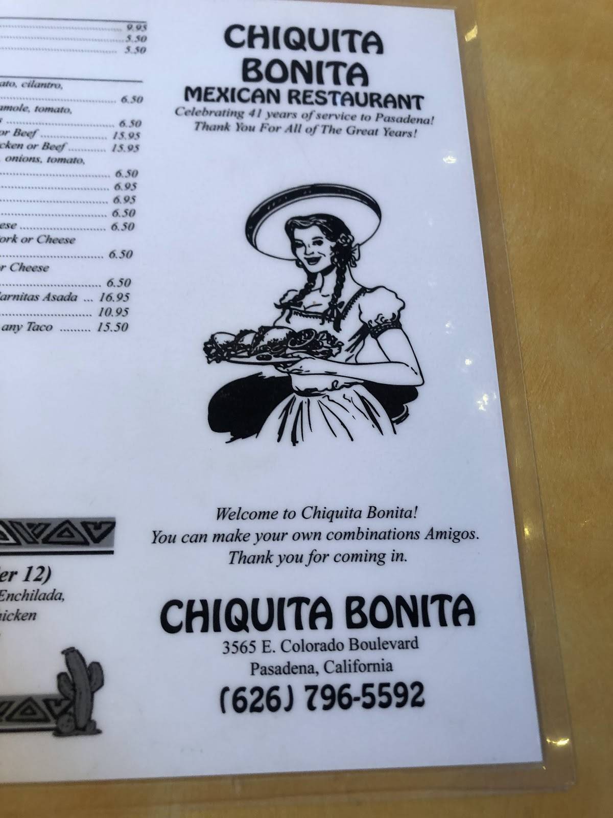 Menu at Chiquita Bonita restaurant, Pasadena
