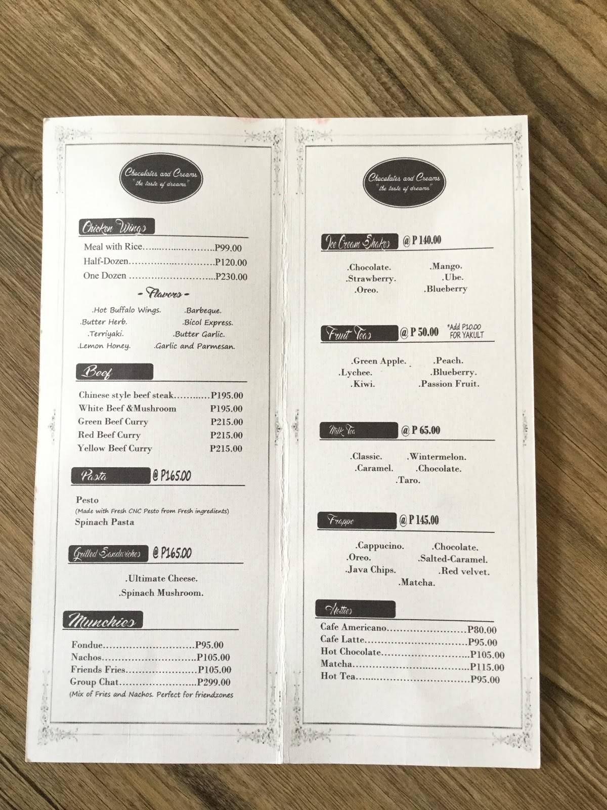 Carta del café Chocolates and Creams, Cagayan del Oro