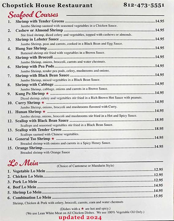 Menu at Chopstick House Restaurant, Evansville