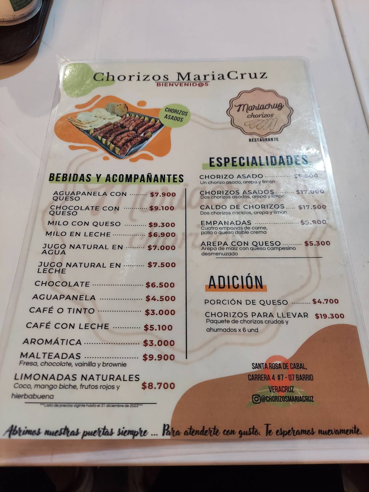 Carta del café Chorizos MariaCruz, Santa Rosa del Cabal
