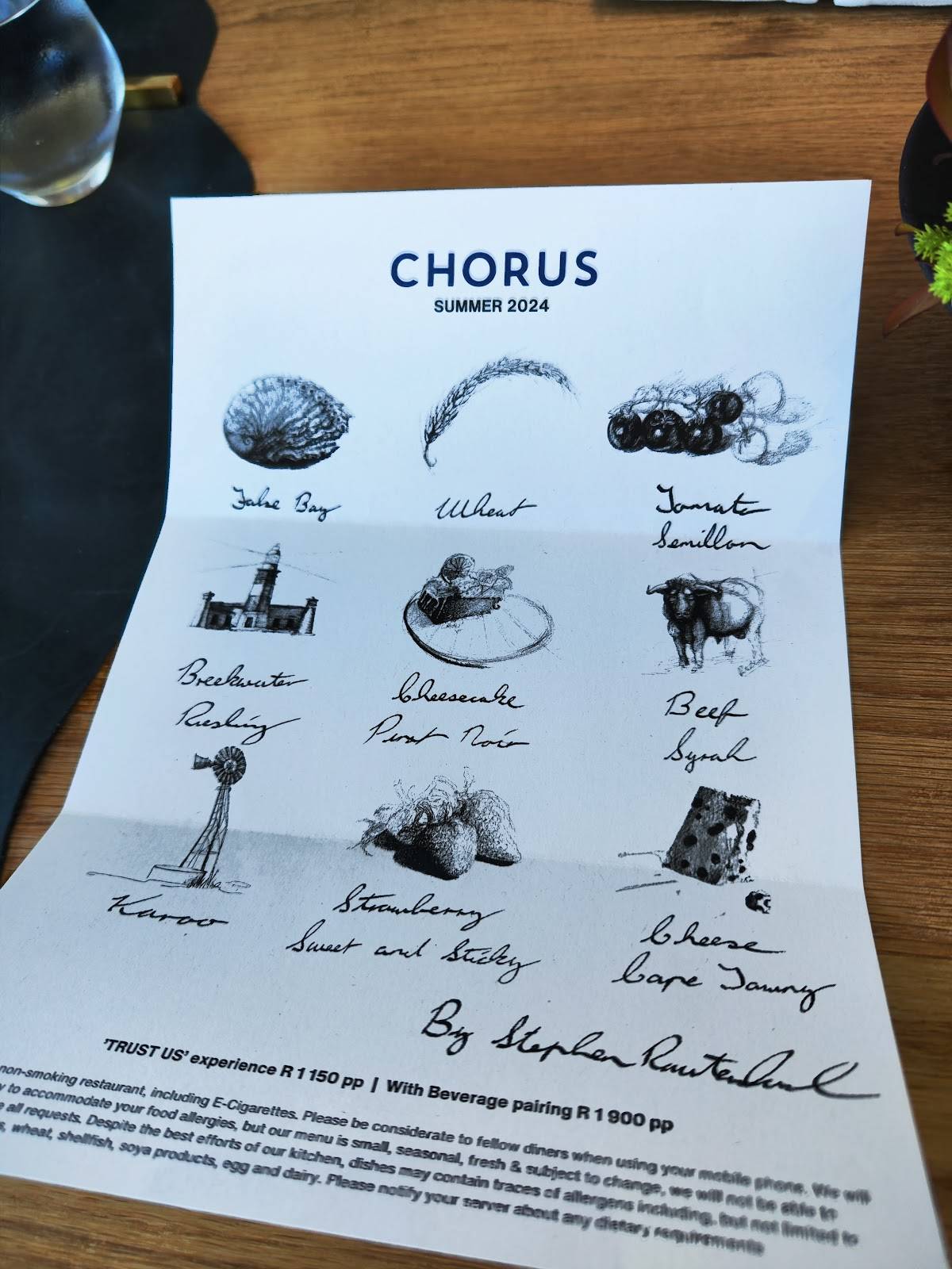 Menu at Chorus Restaurant, Sir Lowry's Pass
