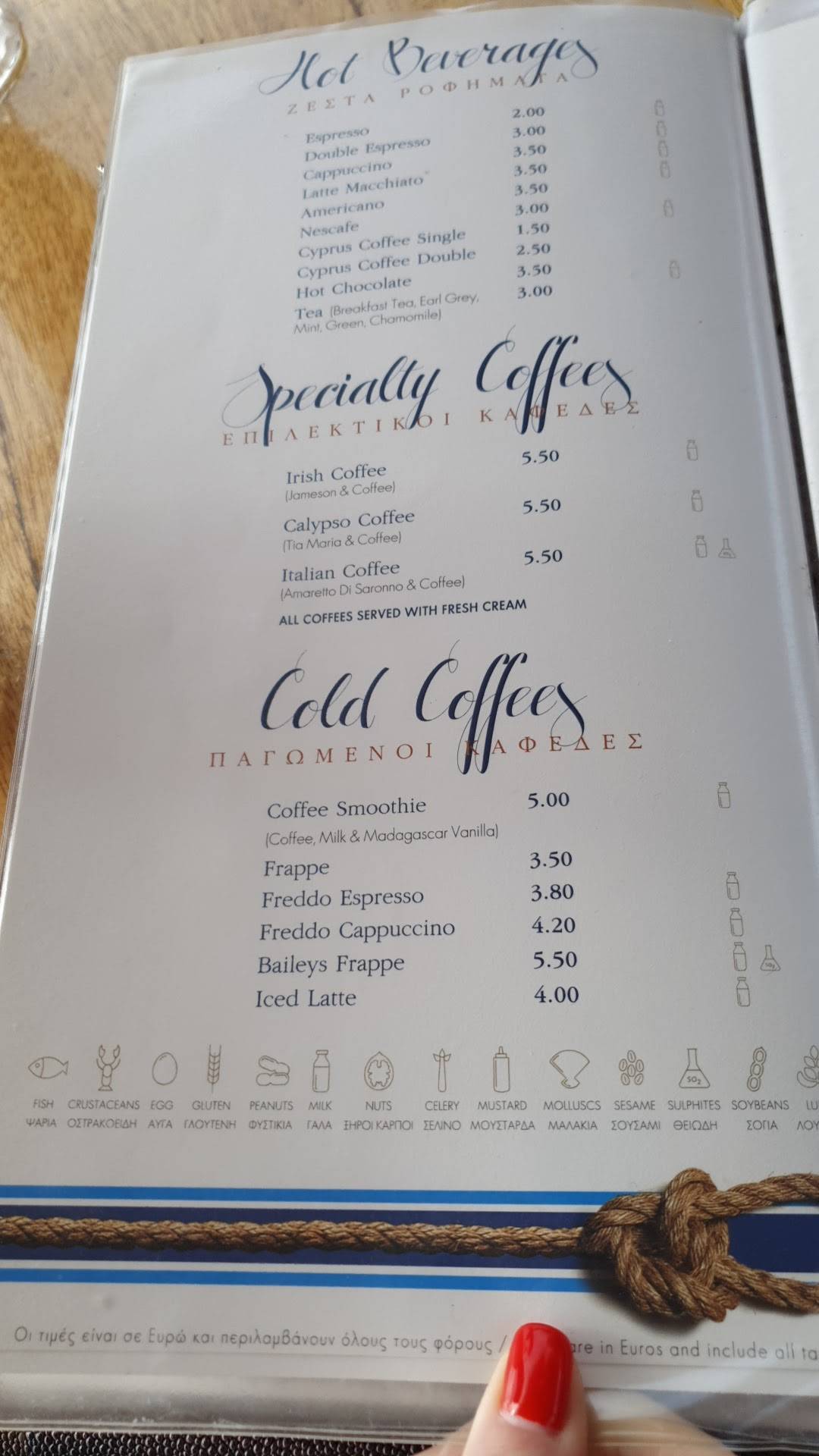 Menu at Chris Blue Beach, Episkopi