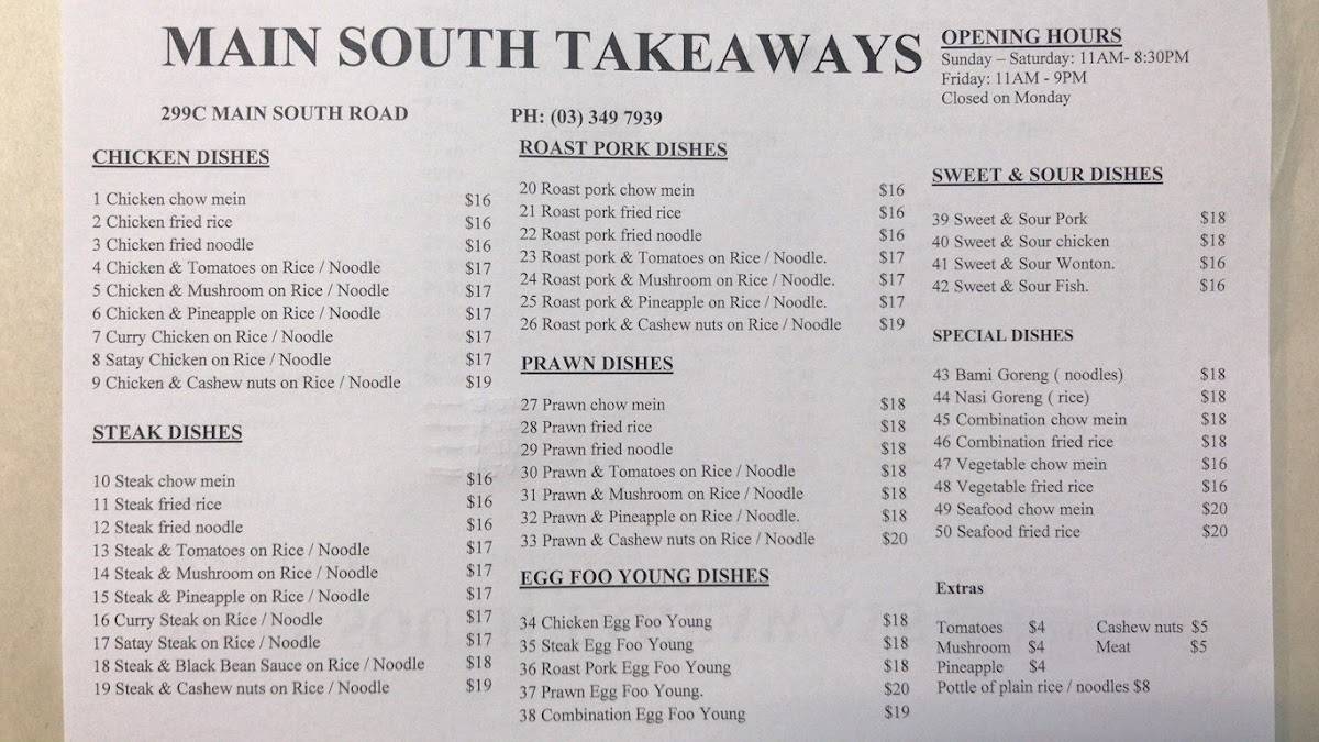Menu at Main South Takeaways restaurant, Christchurch