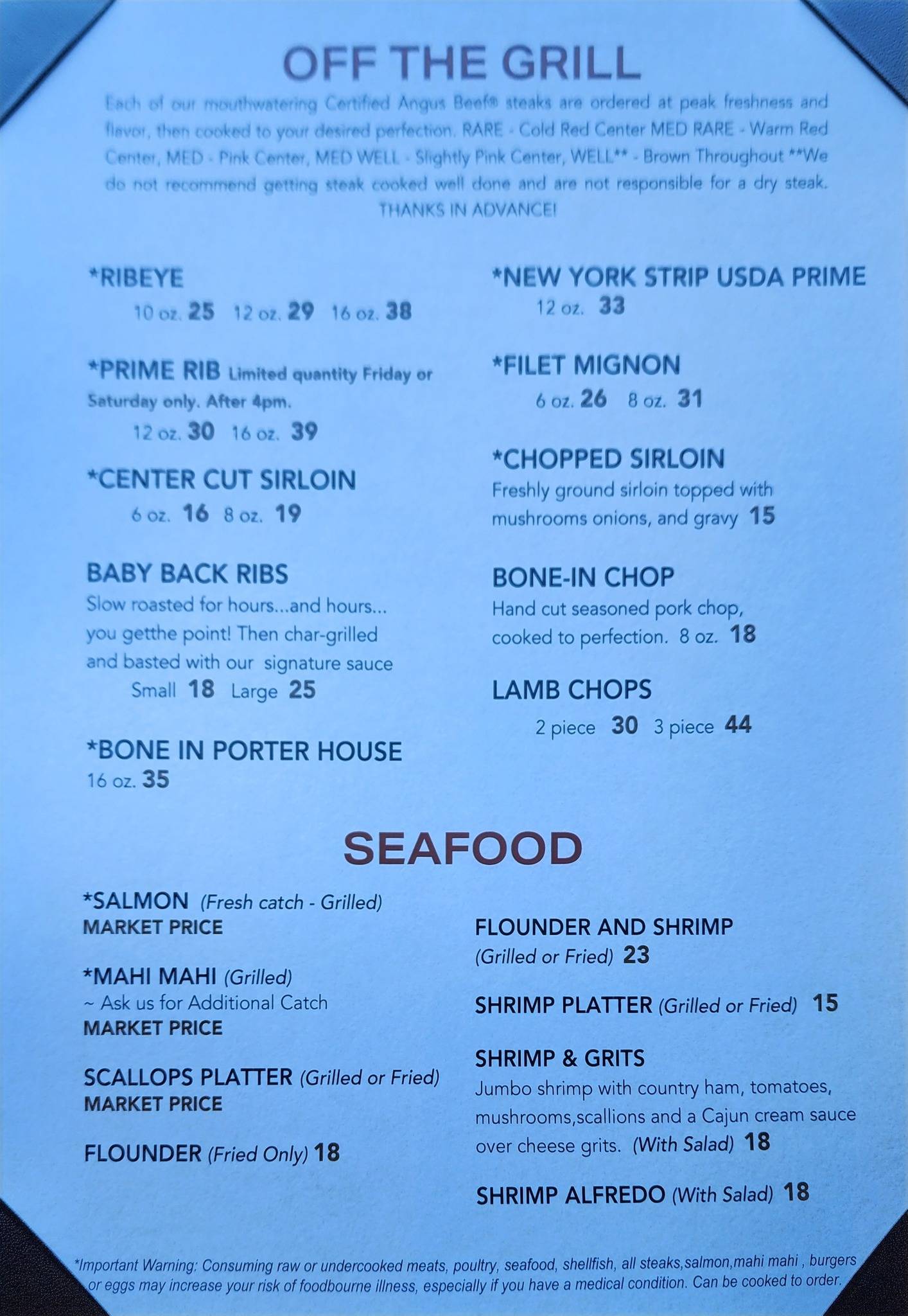 Menu at Christopher's Steakhouse and Seafood, Leland
