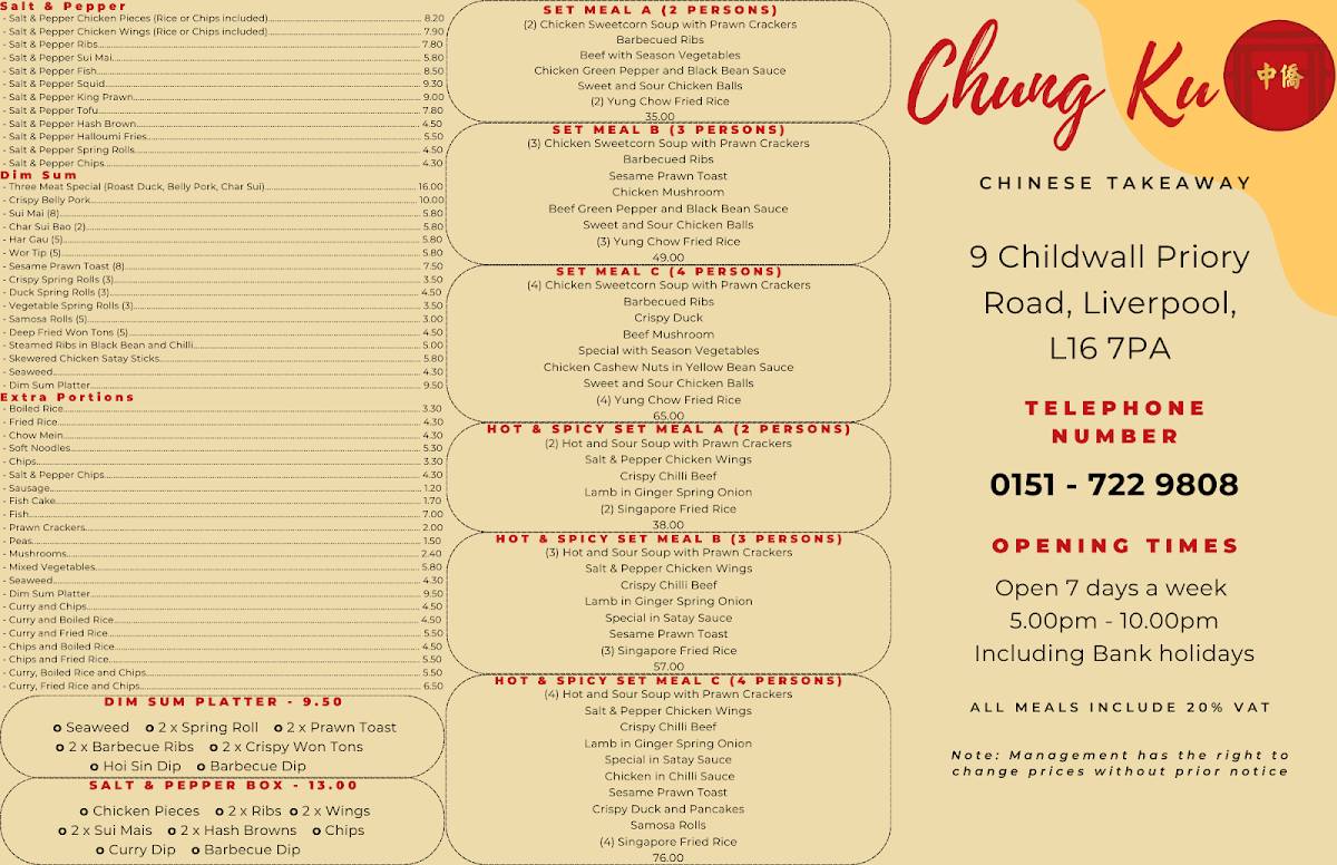 Menu at Chung Ku fast food, Liverpool, 9 Childwall Priory Rd