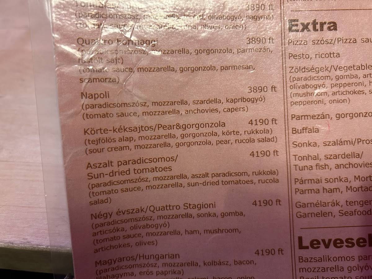 Menu at Ciao Bella restaurant, Budapest