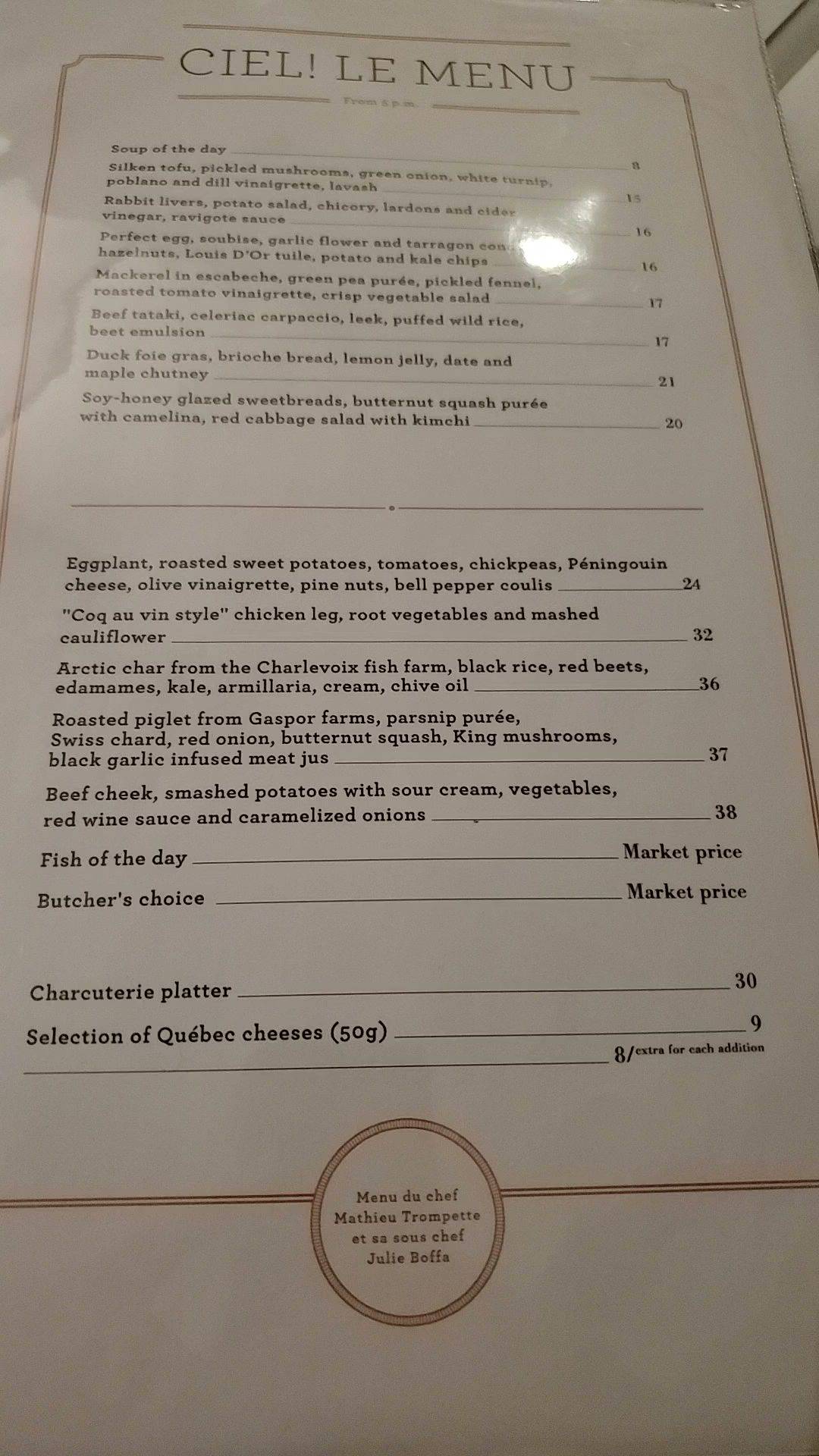 Menu au Ciel! Bistro Bar Tournant, Québec