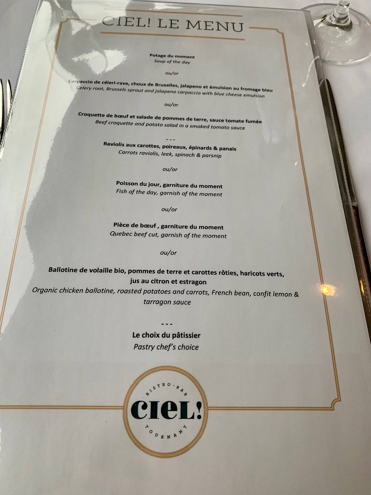 Menu au Ciel! Bistro Bar Tournant, Québec