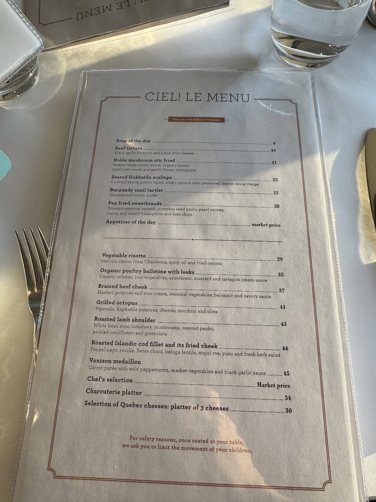 Menu at Ciel! Bistro-bar, Québec City