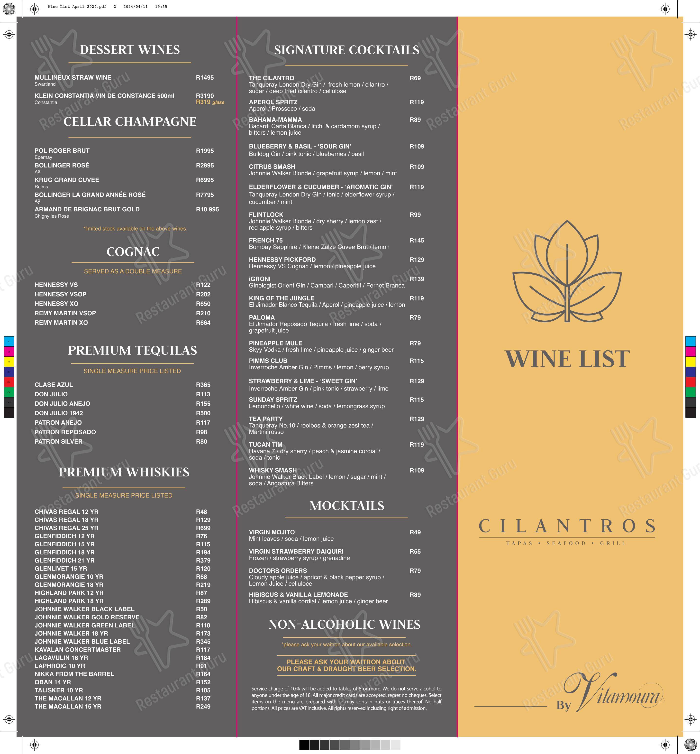 Menu at Cilantros - Nelson Mandela Square restaurant, Sandton, Sandton City