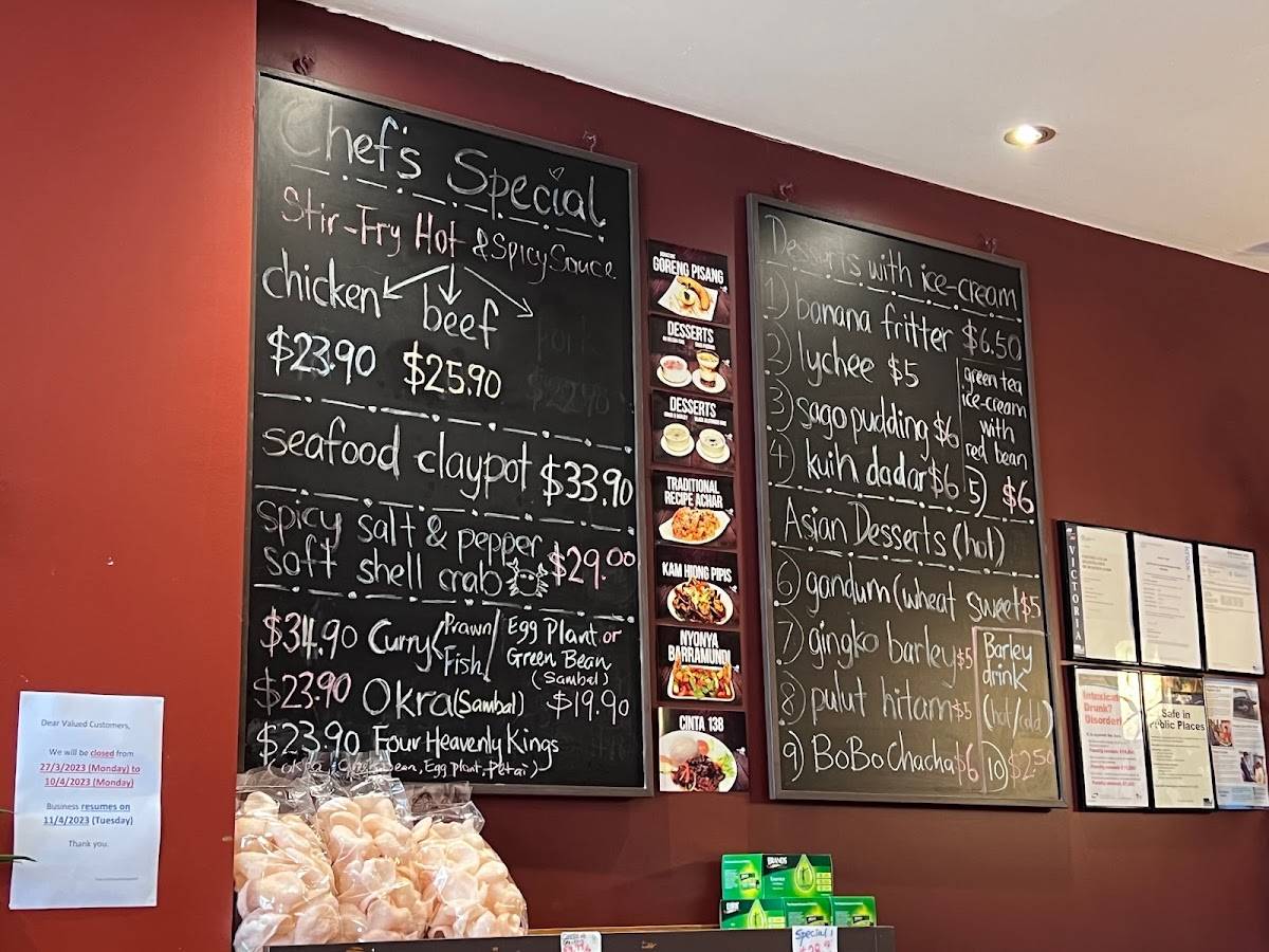 Menu at Cinta Raya Restaurant, Scoresby