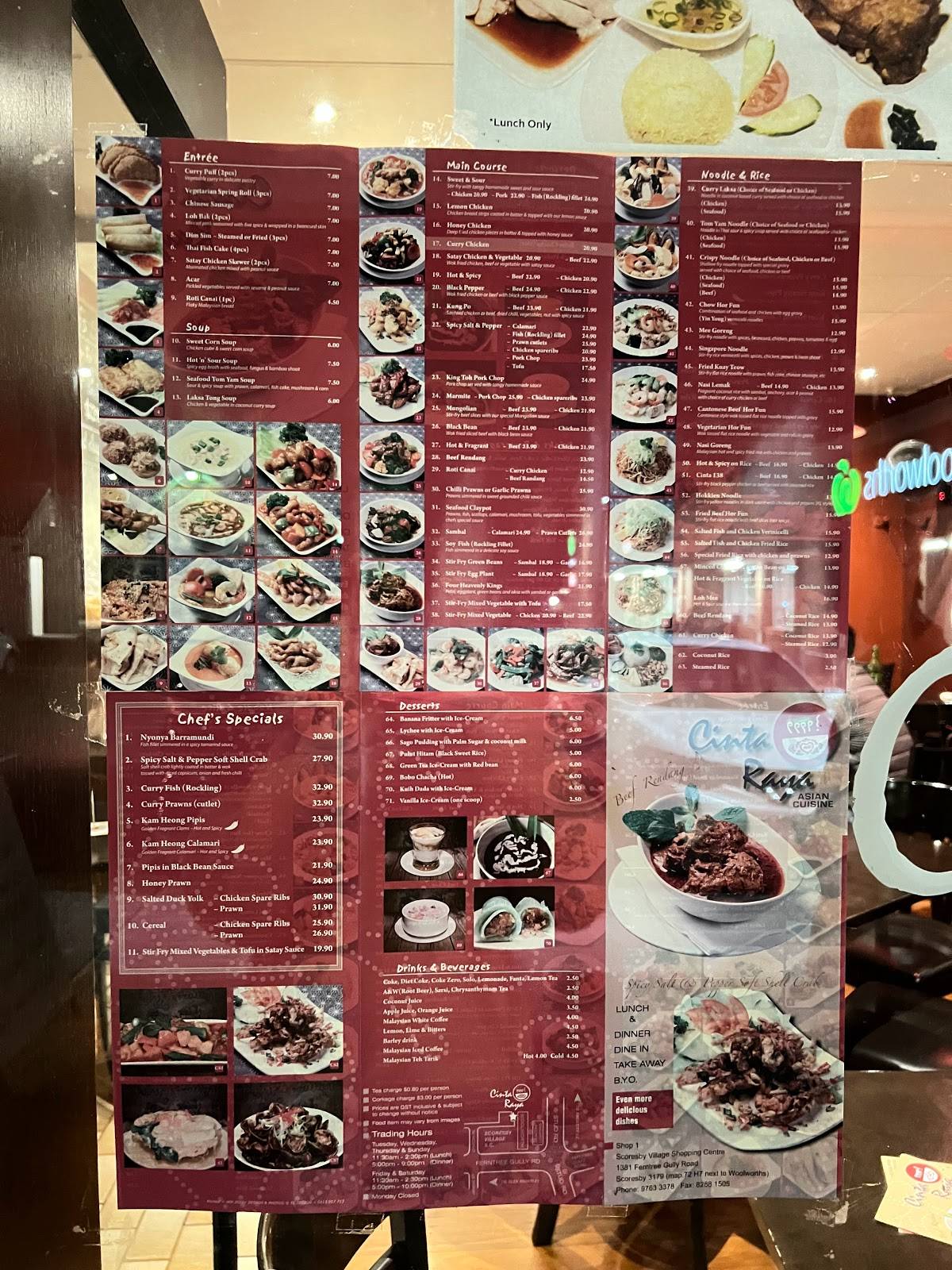 Menu at Cinta Raya Restaurant, Scoresby