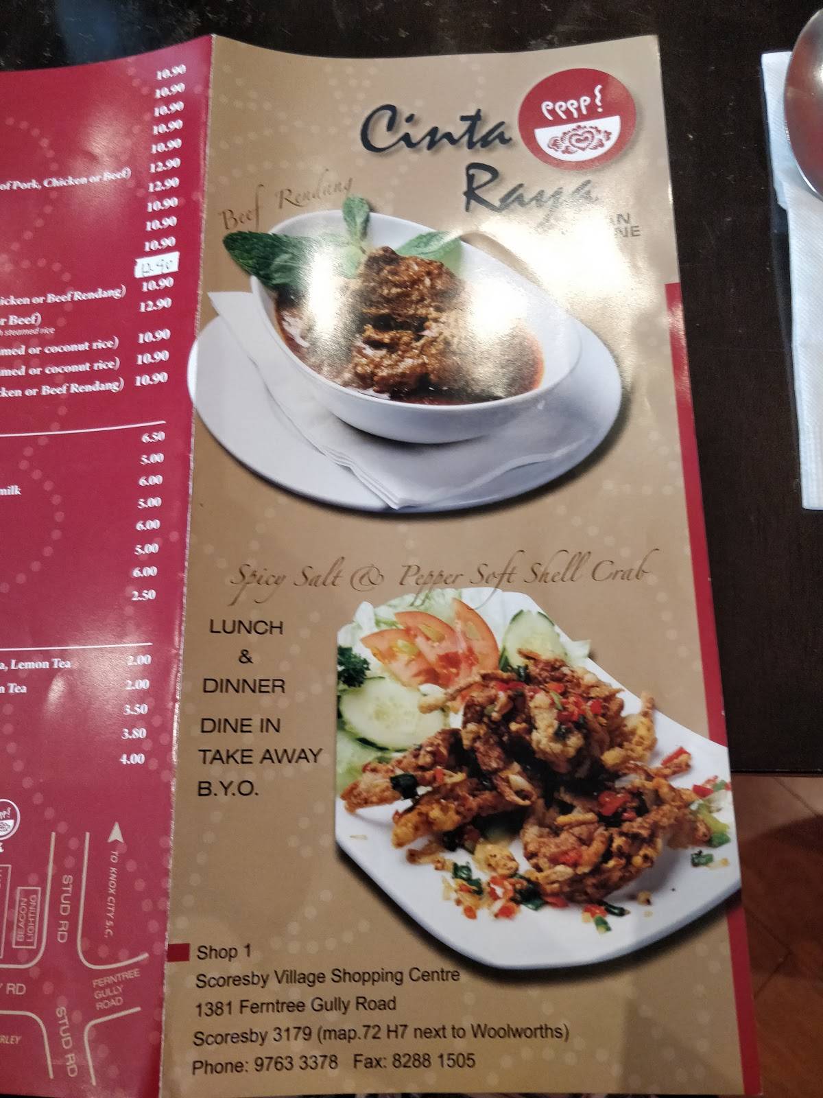Menu at Cinta Raya Restaurant, Scoresby