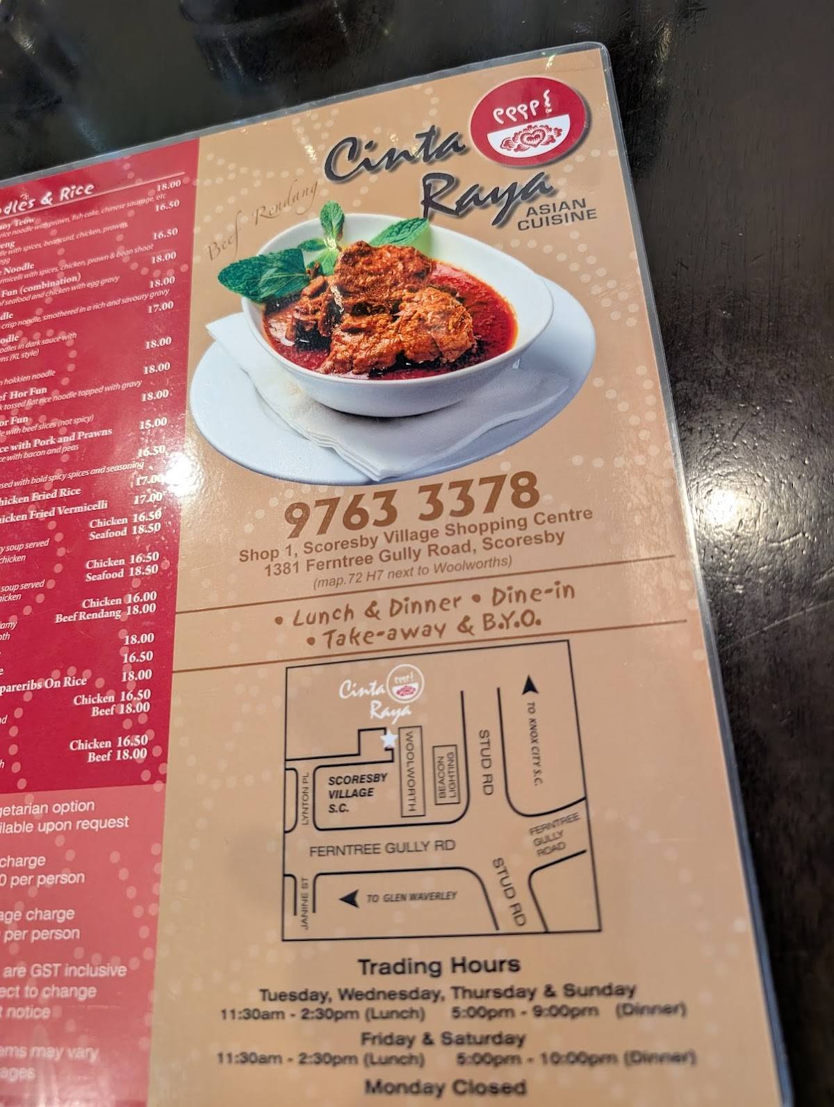 Menu at Cinta Raya Restaurant, Scoresby