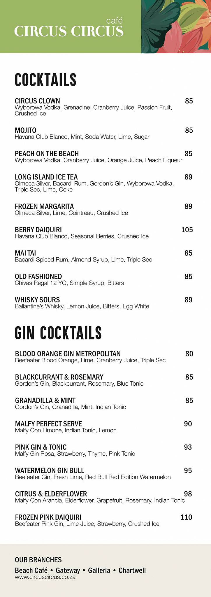 Menu at Circus Circus Gateway restaurant, Durban North, Shop G020