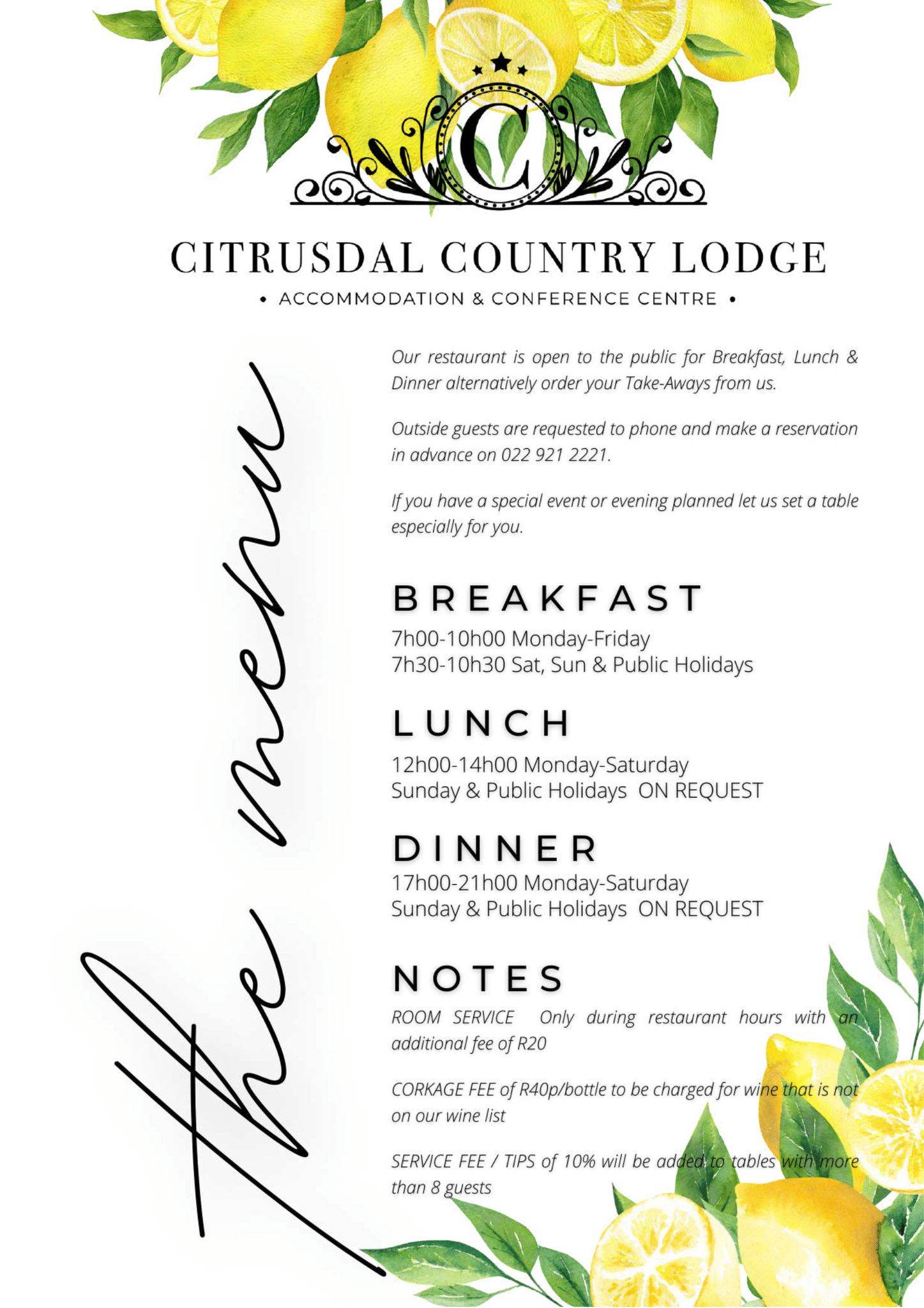 Menu at Citrusdal Country Lodge restaurant, Citrusdal