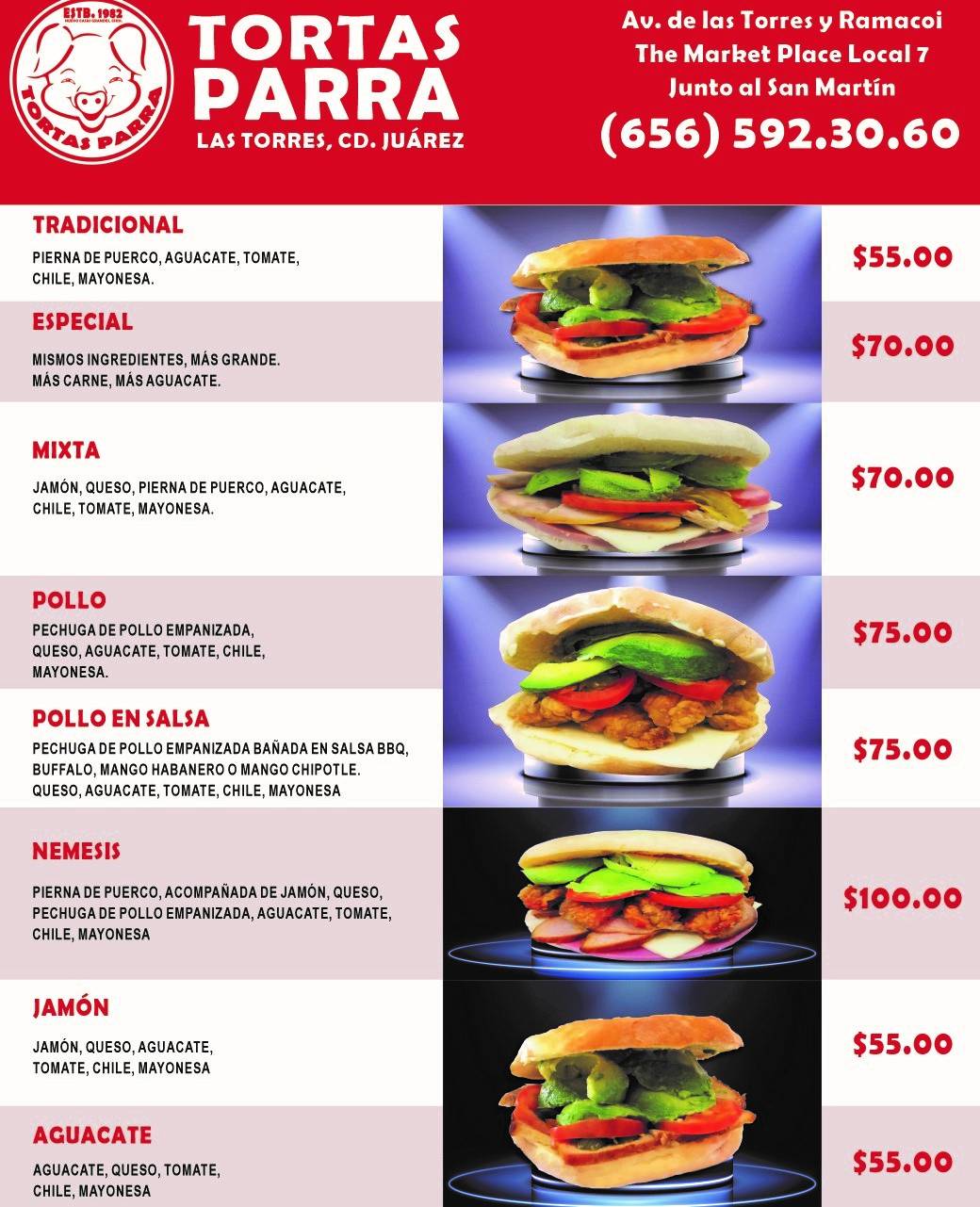 Carta del restaurante Tortas Parra Las Torres, Ciudad Juarez, Av del ...