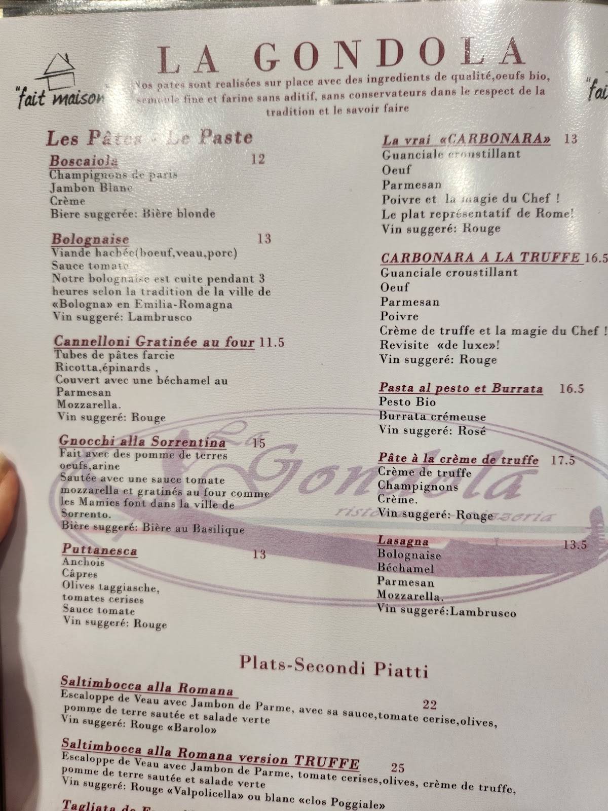 Menu au La gondola restaurant, Clamecy