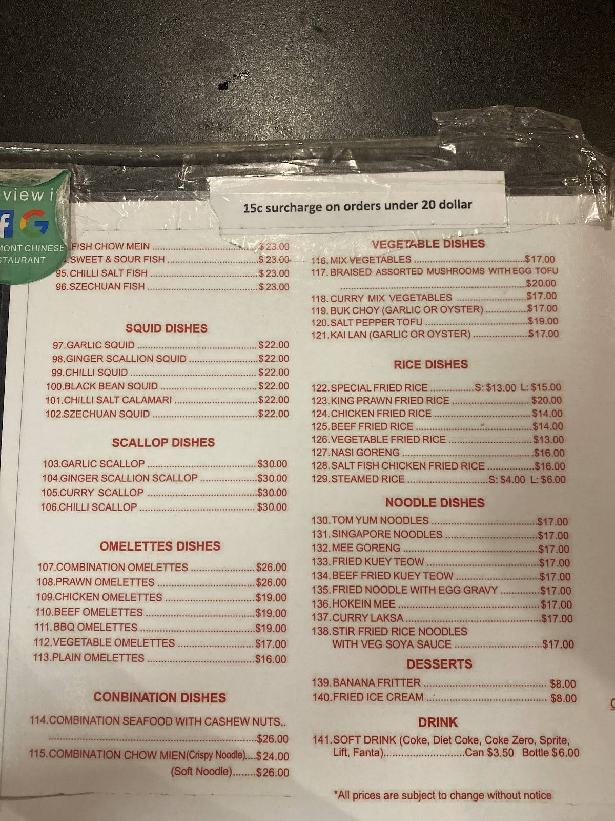 Menu at Claremont Chinese Restaurant, Claremont