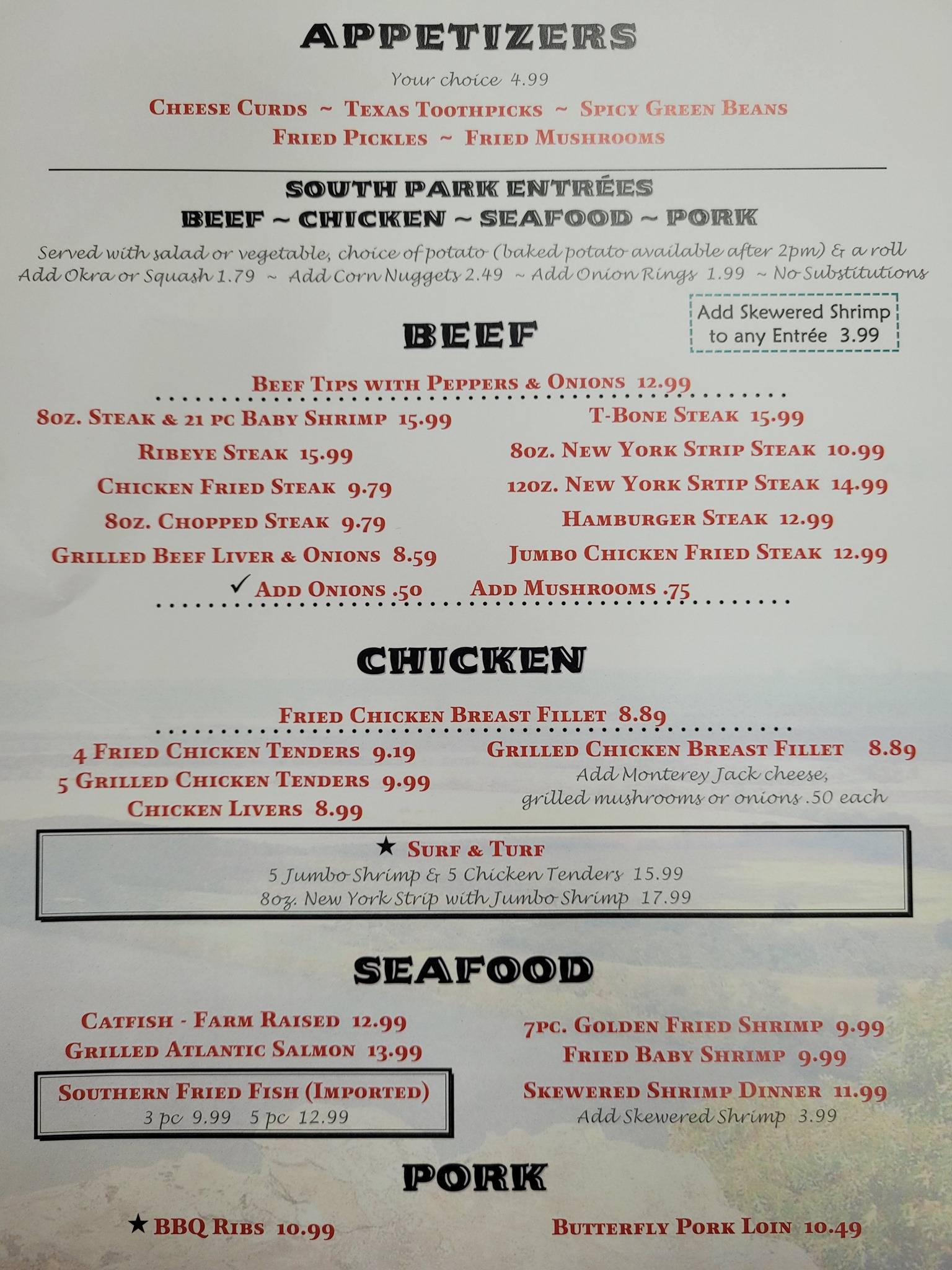 Menu at South Park Restaurant, Clarksville, S Rogers St