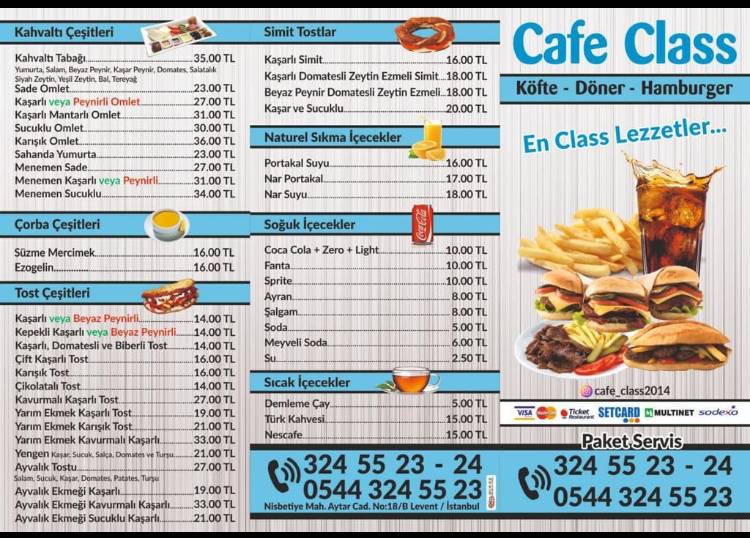 Menu at Class Cafe, Istanbul, Aytar Cd. No:18