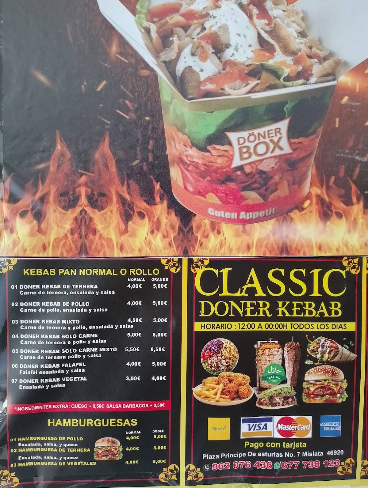 Menu at Classic Doner Kebab restaurant, Mislata