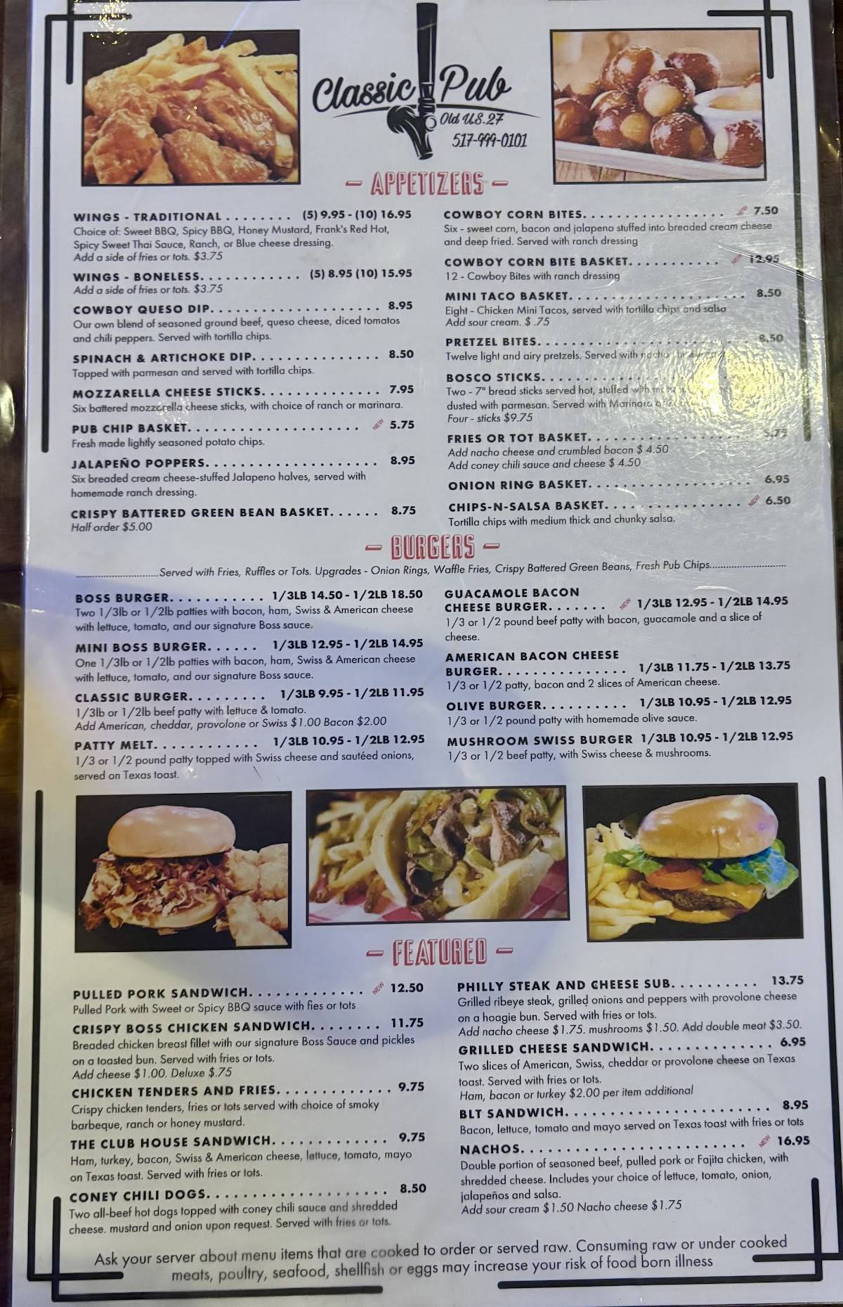 Menu at Classic Pub & Grill, Lansing, Old U.S. 27