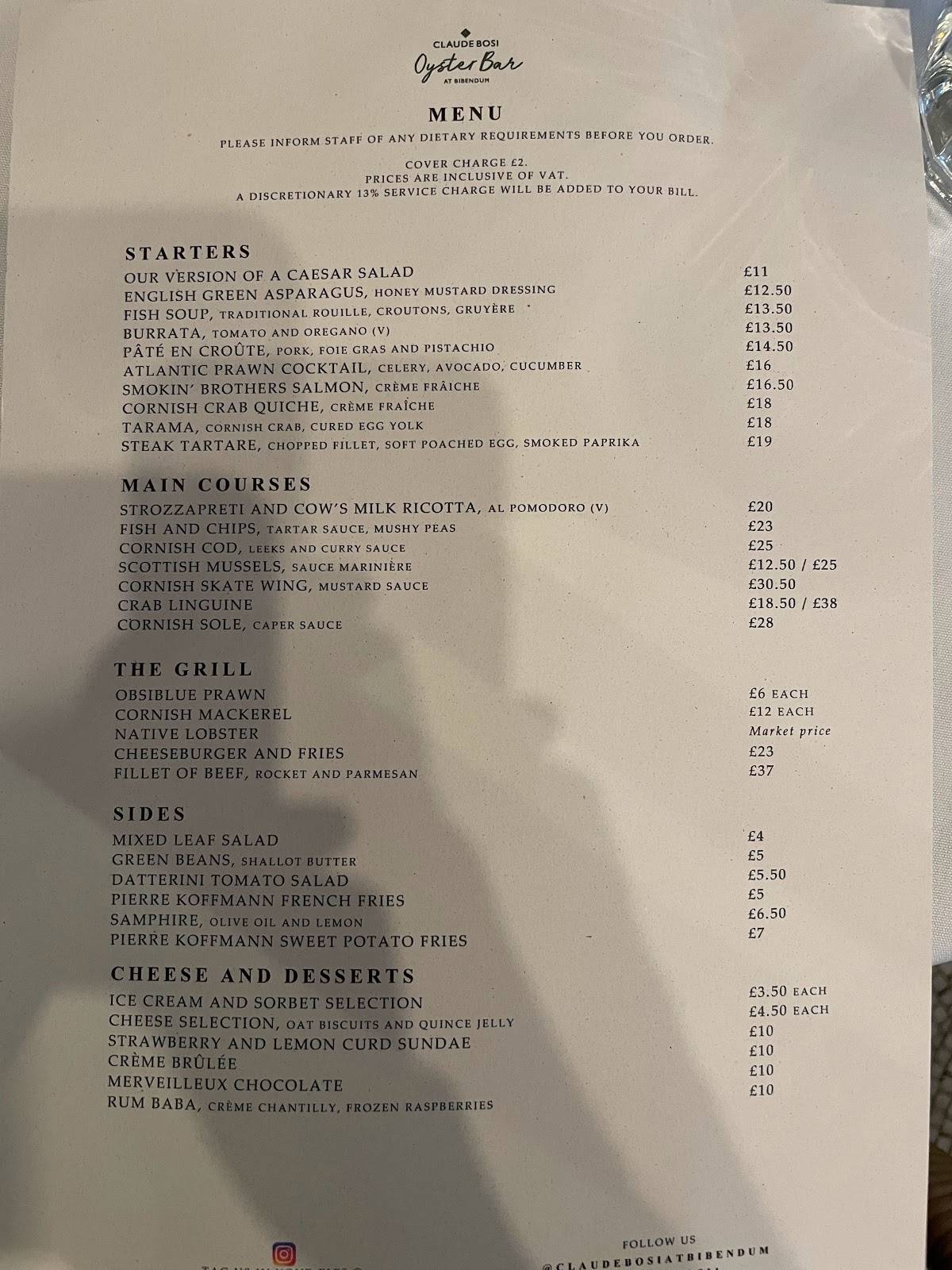 Menu at Claude Bosi at Bibendum pub & bar, London