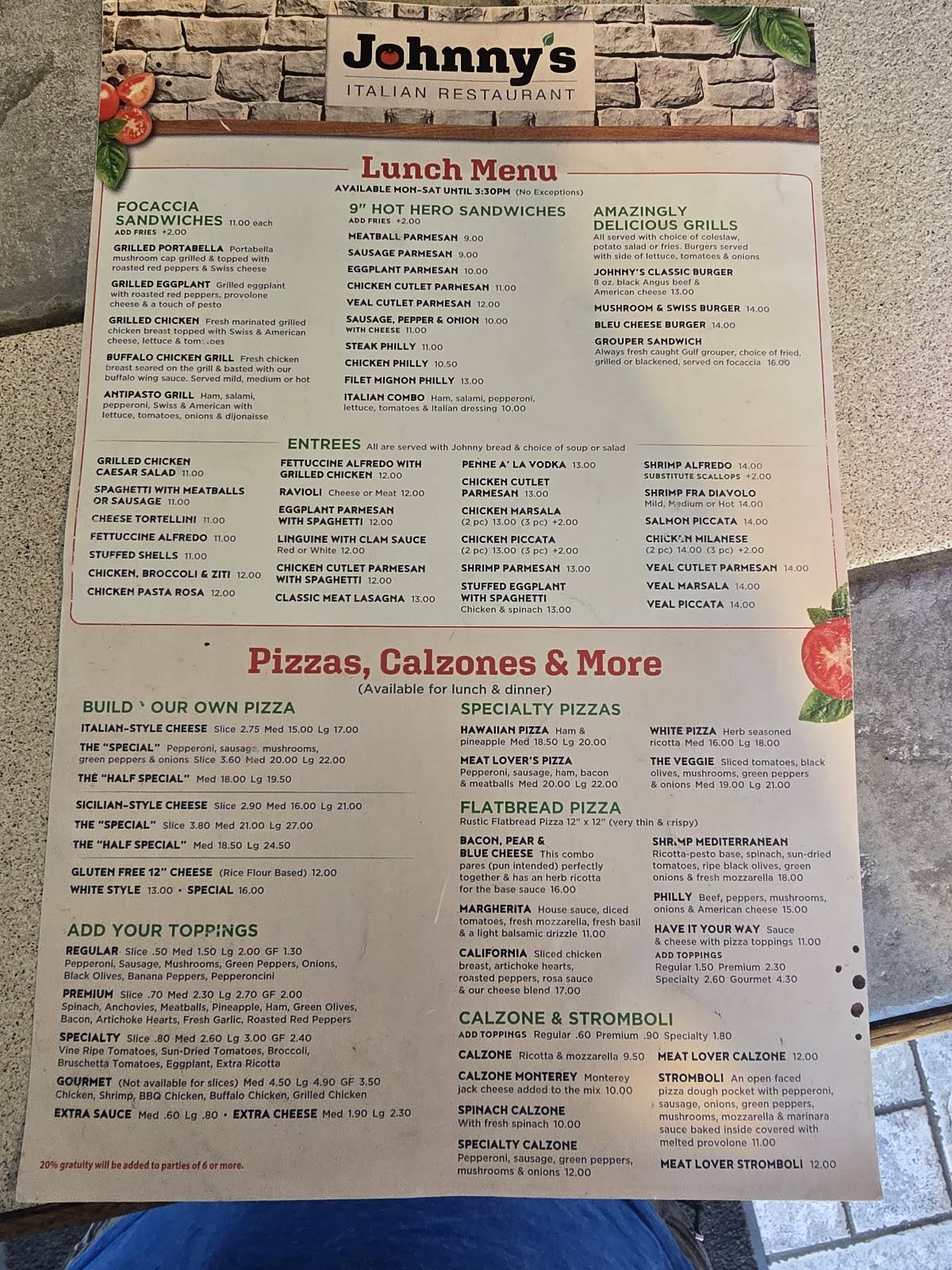 Menu at Johnny's Italian Restaurant, Clearwater
