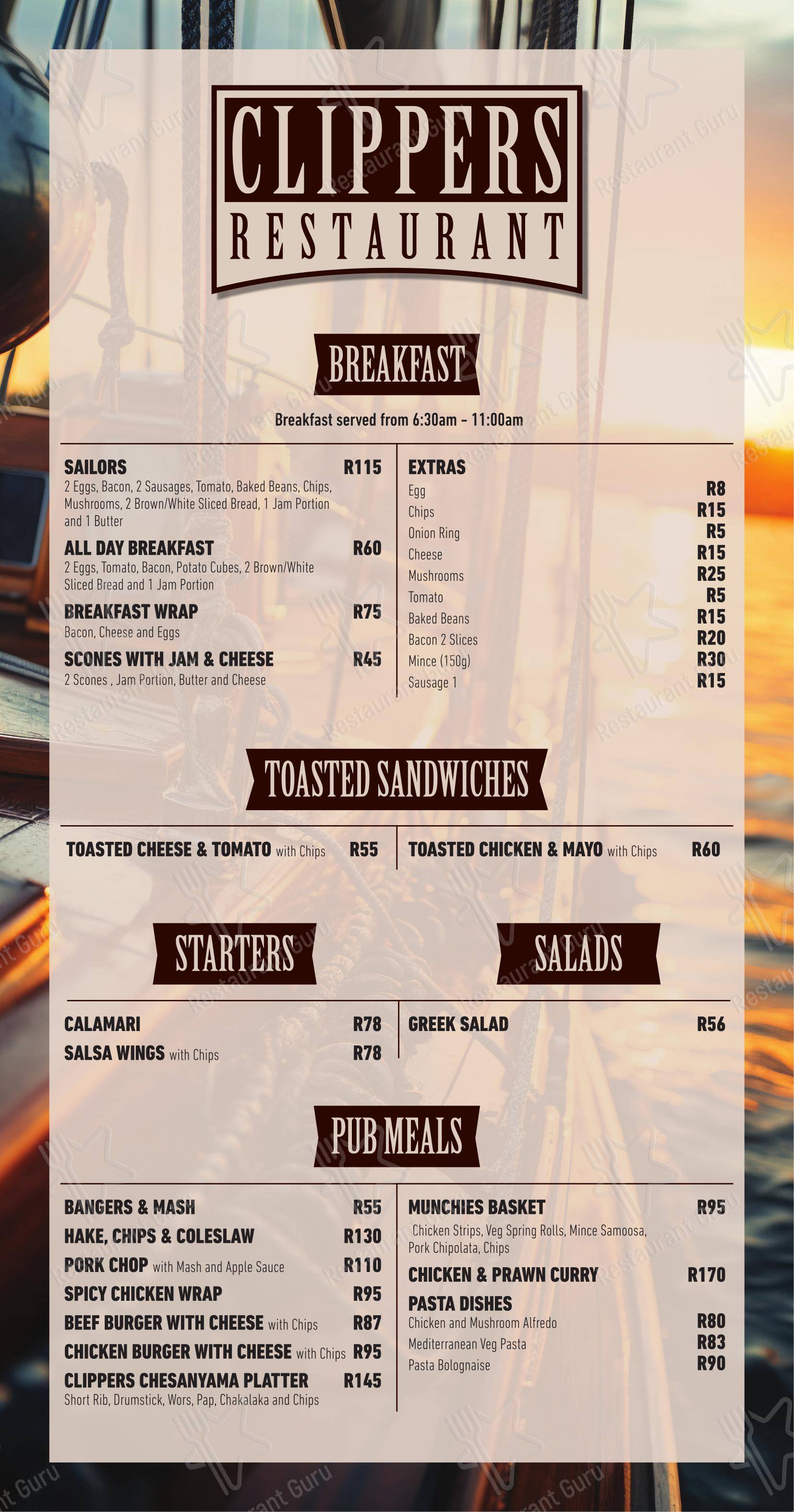 Menu at Clippers Bar & Restaurant, Durban