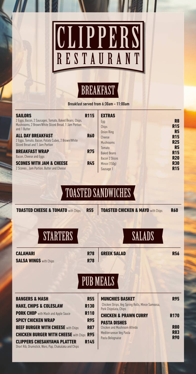 Menu at Clippers Bar & Restaurant, Durban